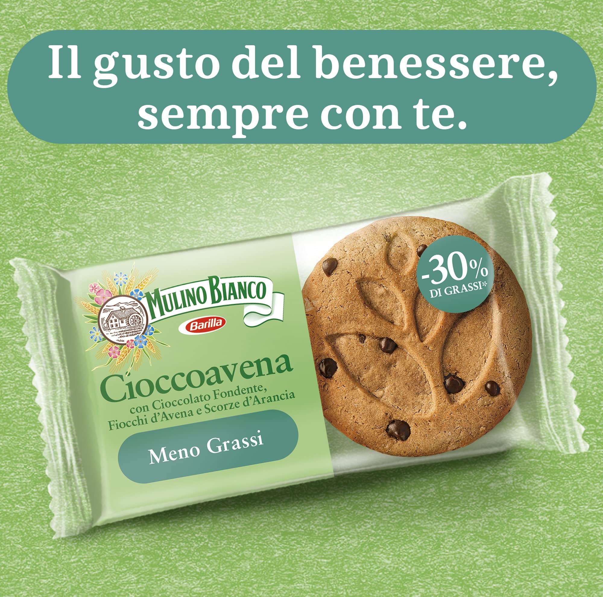 Mulino Bianco Cioccoavena Biscotti con Meno Grassi, Cioccolato Fondente, Fiocchi di Avena e Scorze d'Arancia, Confezione 220