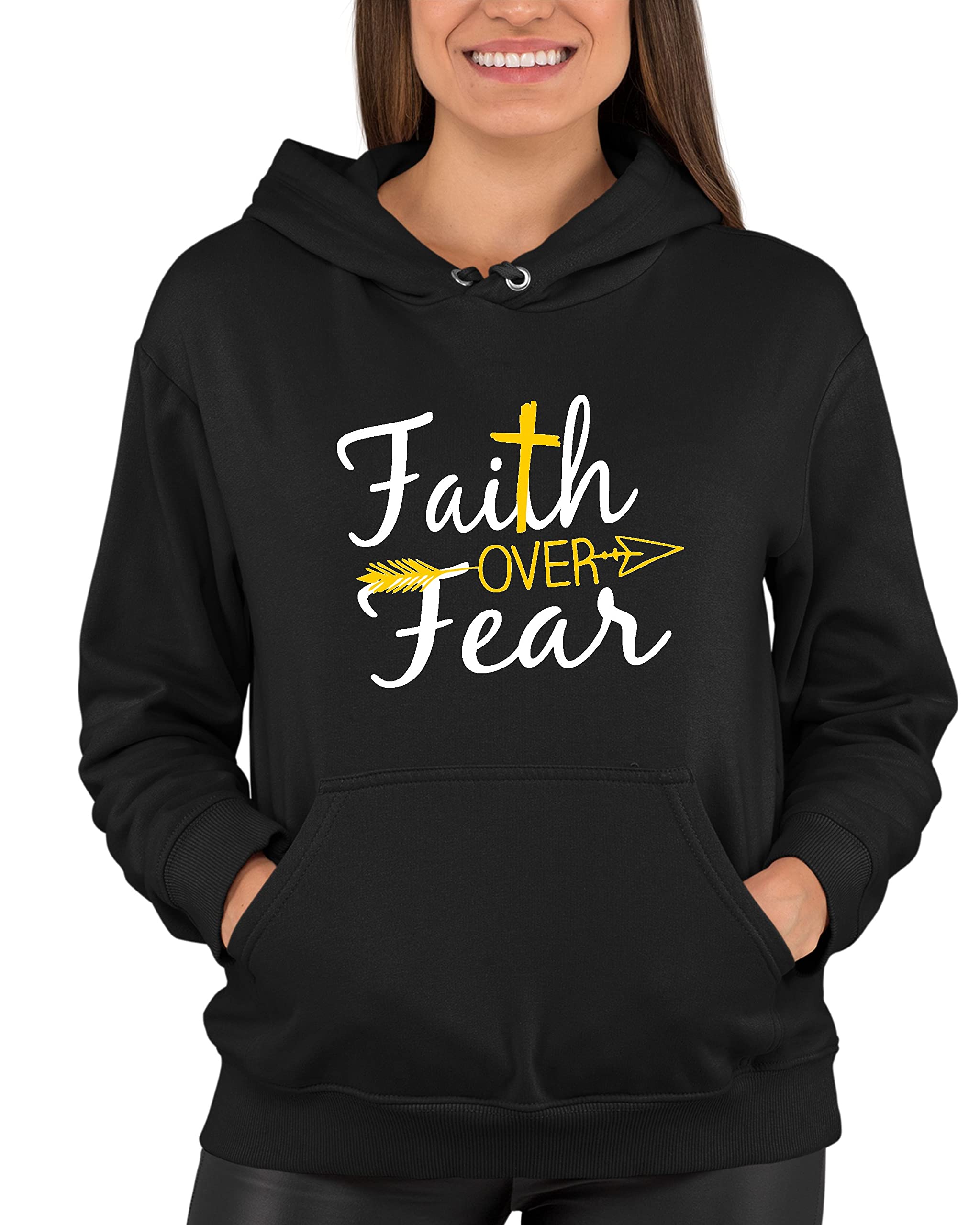 Go All Out Medium Black Mens Faith Over Fear Cross & Arrow Christian Jesus Sweatshirt Hoodie