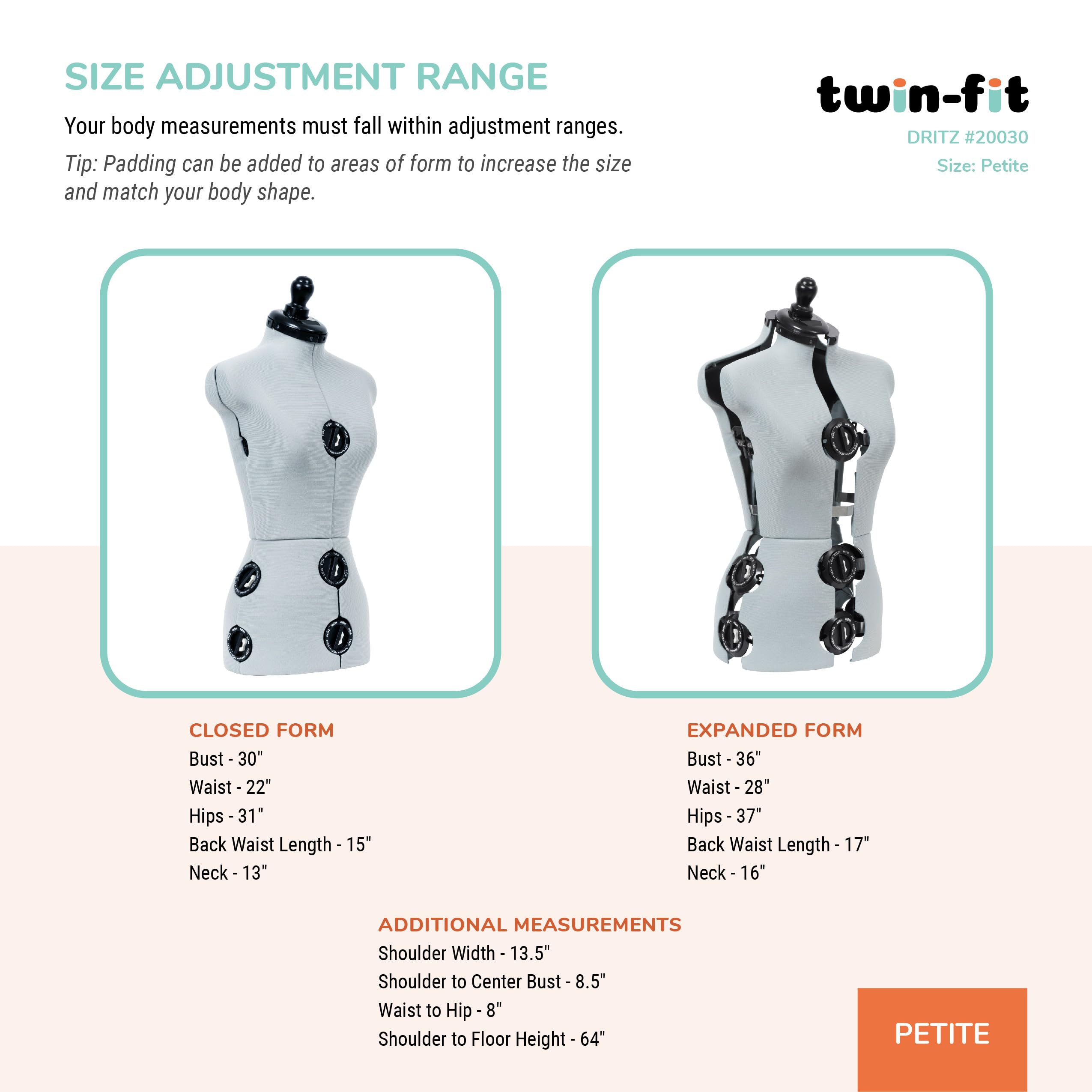 Dritz Twin-Fit Dress Form with Adjustable Tri-Pod Stand, Petite