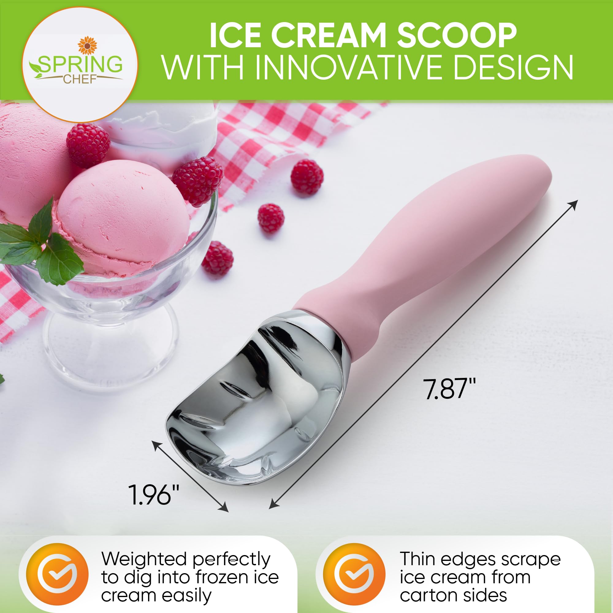 Spring Chef Ice Cream Scoop with Soft Grip Handle, Professional Heavy Duty Sturdy Scooper, Premium Kitchen Tool for Cookie Dough, Gelato, Sorbet, Pink Lemonade