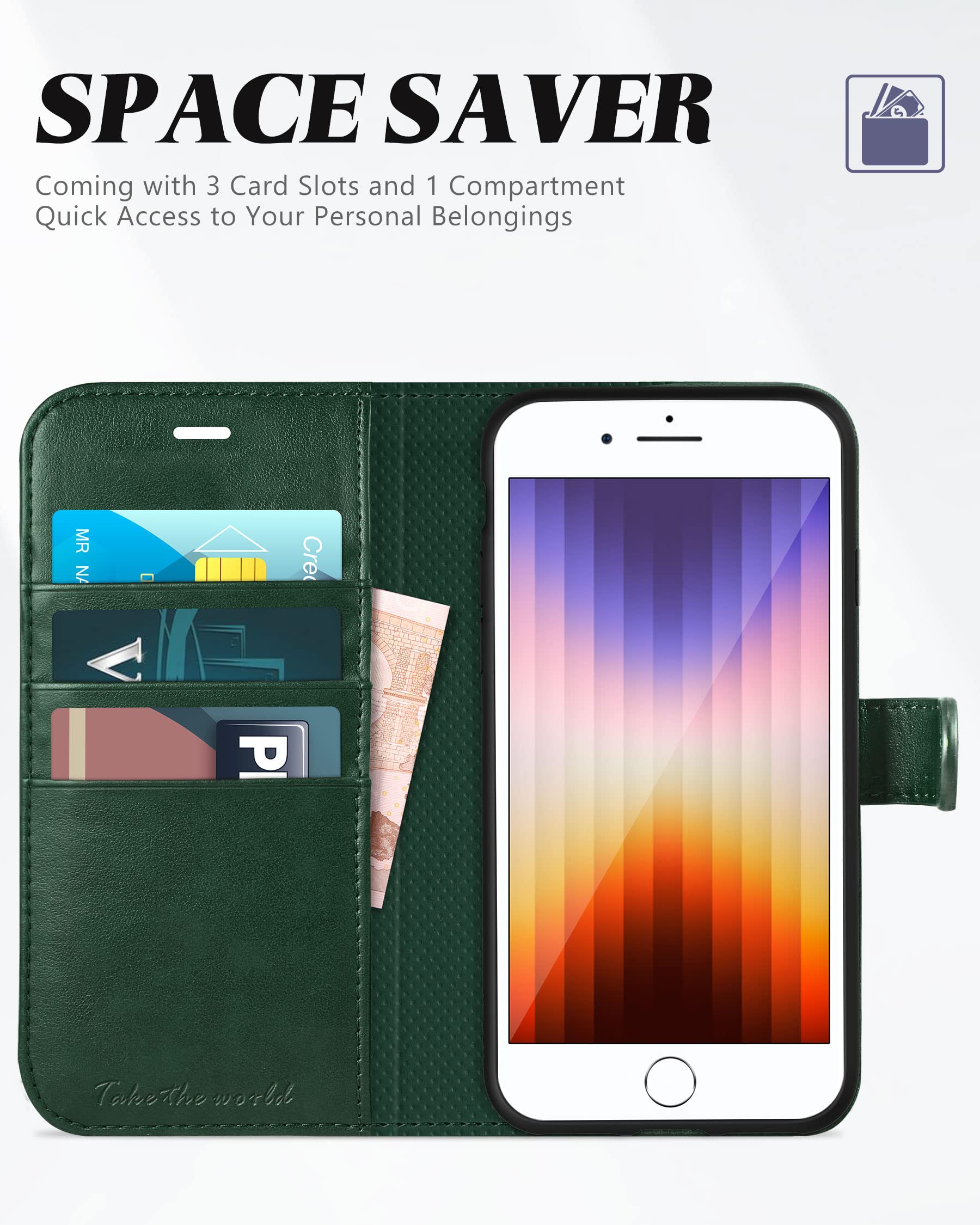 TUCCH Wallet Case for iPhone SE 2022/SE 2020/iPhone 8/7, PU Leather Folio Case with Stand Card Slot Magnetic Closure Flip Cover [TPU Interior Case] Compatible with iPhone SE 3/SE2/8/7, Midnight Green