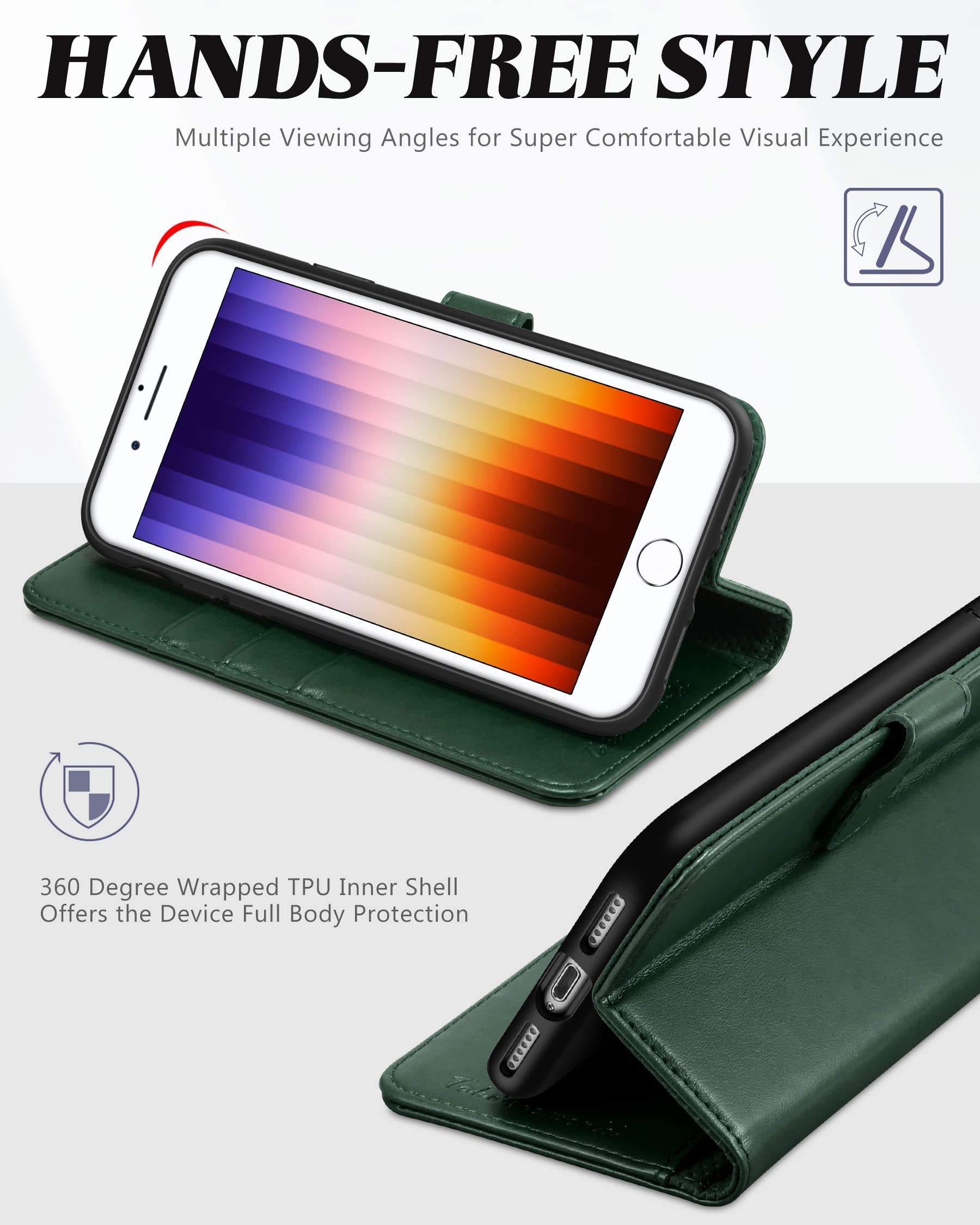 TUCCH Wallet Case for iPhone SE 2022/SE 2020/iPhone 8/7, PU Leather Folio Case with Stand Card Slot Magnetic Closure Flip Cover [TPU Interior Case] Compatible with iPhone SE 3/SE2/8/7, Midnight Green