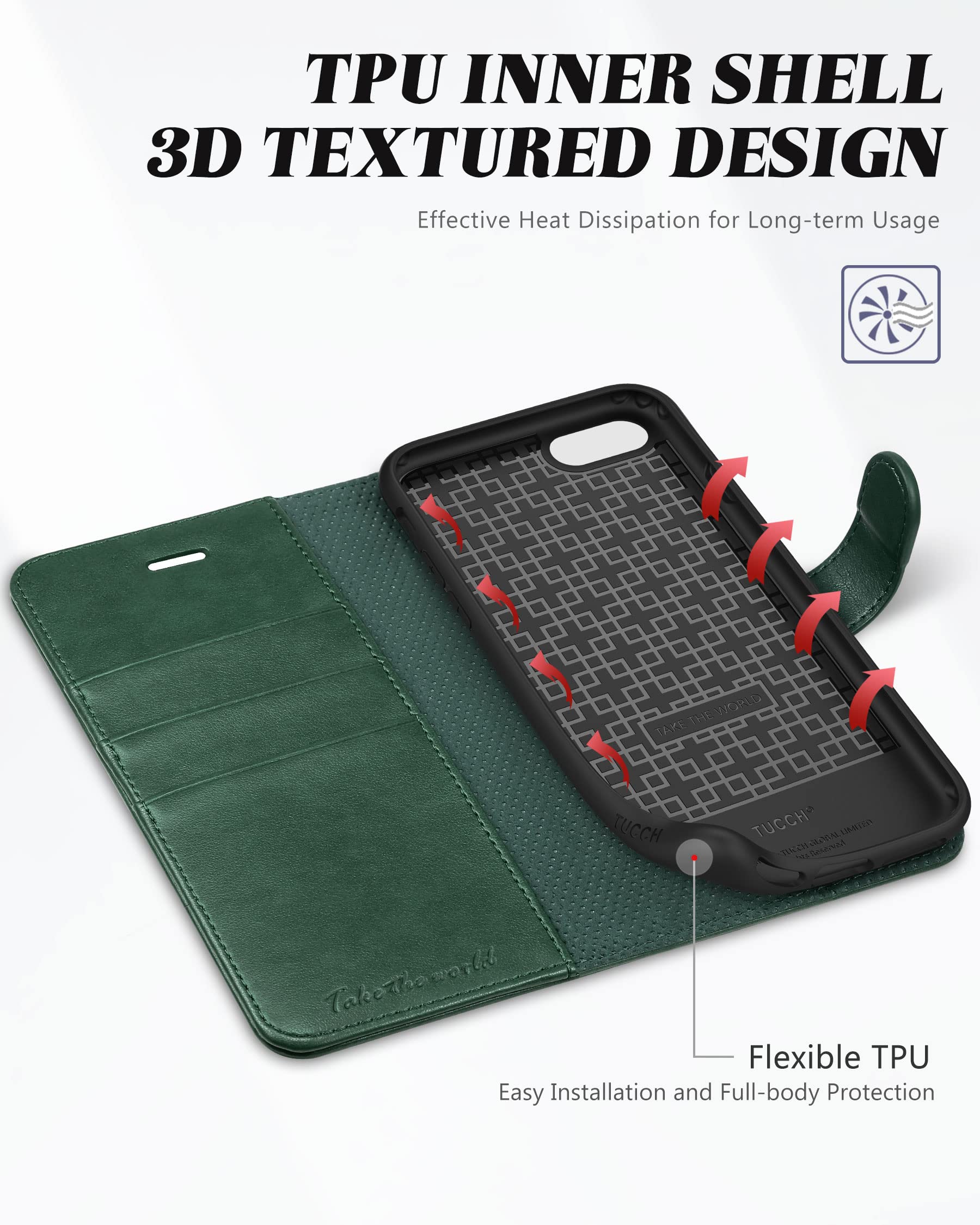 TUCCH Wallet Case for iPhone SE 2022/SE 2020/iPhone 8/7, PU Leather Folio Case with Stand Card Slot Magnetic Closure Flip Cover [TPU Interior Case] Compatible with iPhone SE 3/SE2/8/7, Midnight Green