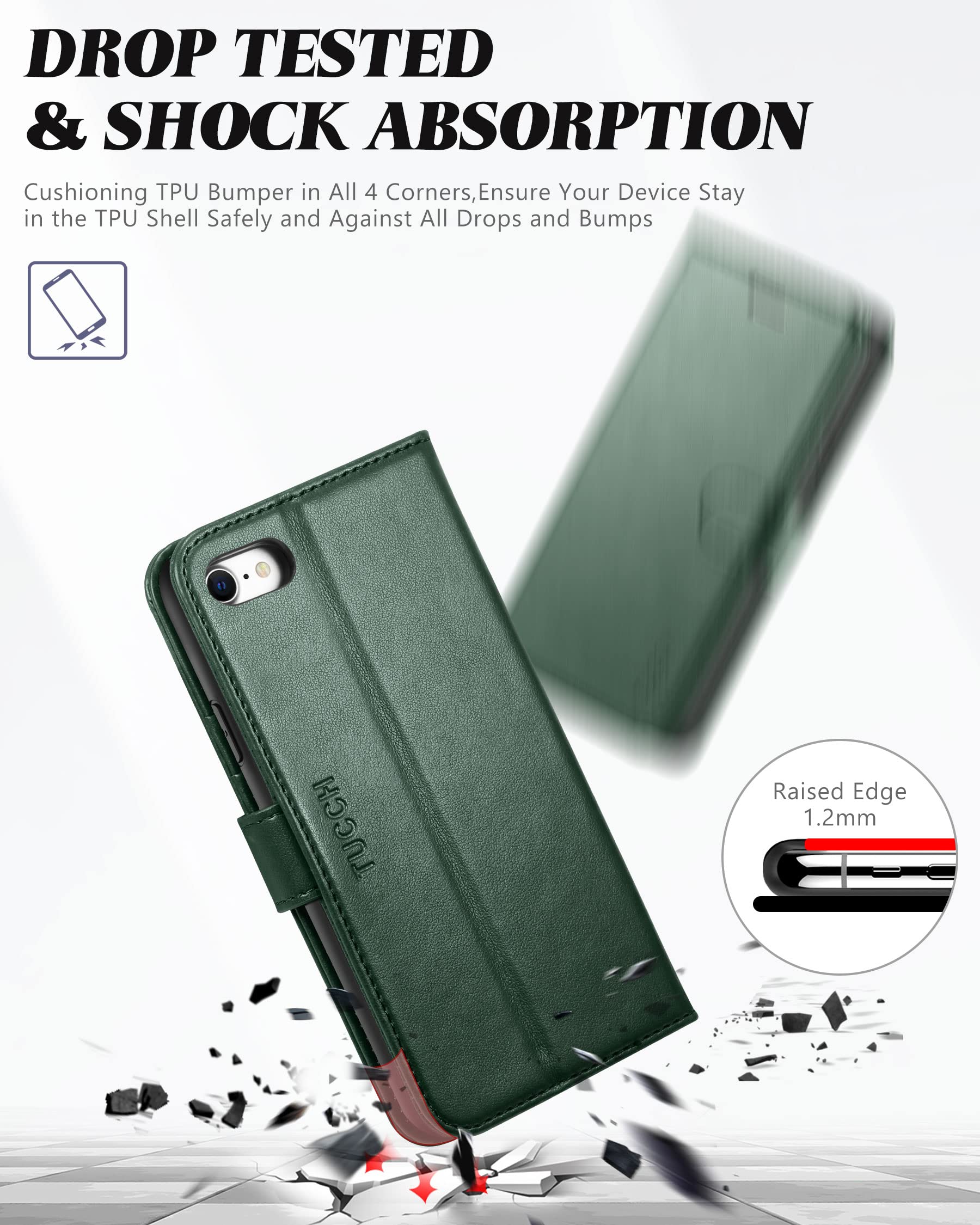 TUCCH Wallet Case for iPhone SE 2022/SE 2020/iPhone 8/7, PU Leather Folio Case with Stand Card Slot Magnetic Closure Flip Cover [TPU Interior Case] Compatible with iPhone SE 3/SE2/8/7, Midnight Green