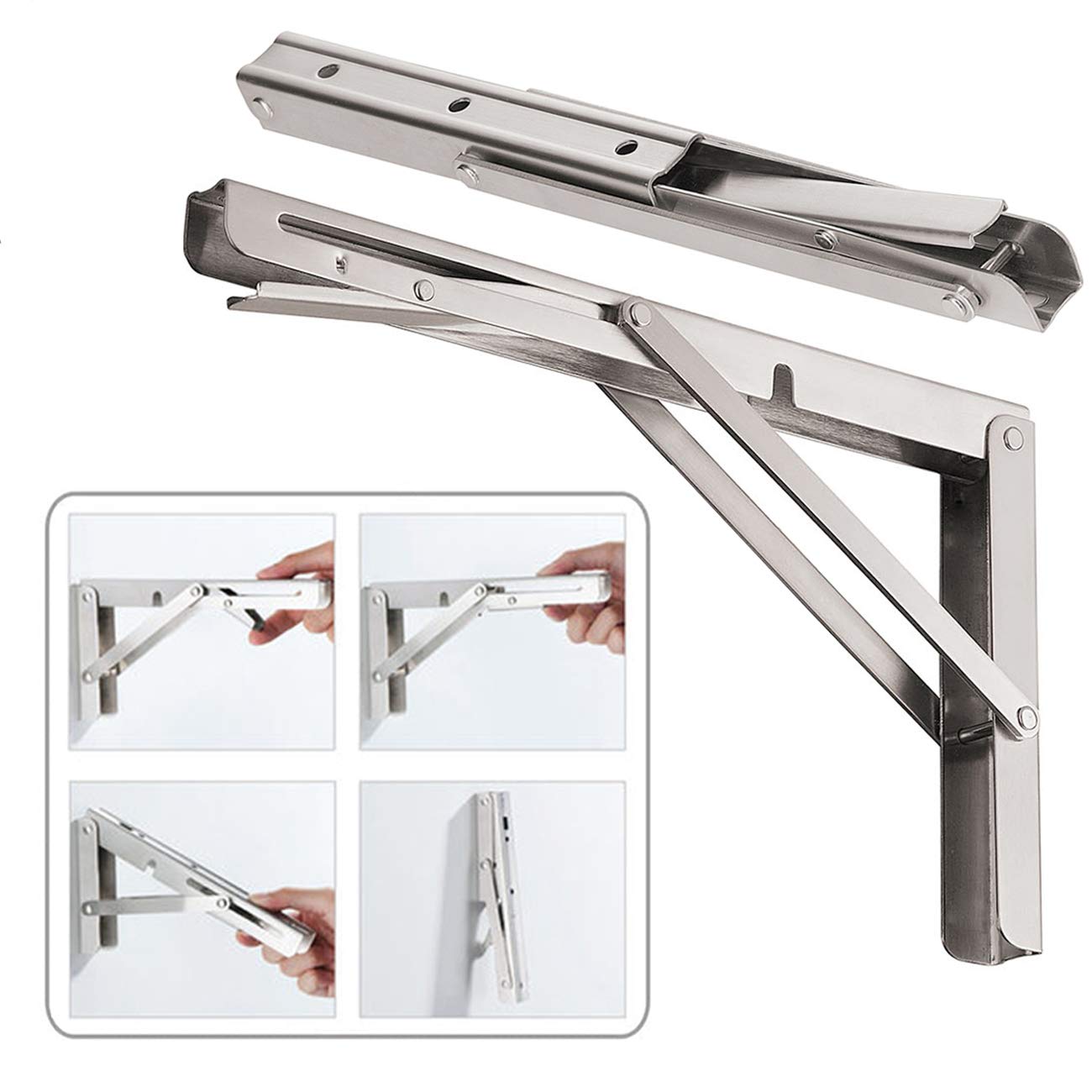 CLT 24'' Folding Shelf Brackets Max. Load 550 lb, Heavy Duty Stainless Steel DIY Wall Mounted Shelf Bracket Space Saving for Table Work Bench, Pack of 2