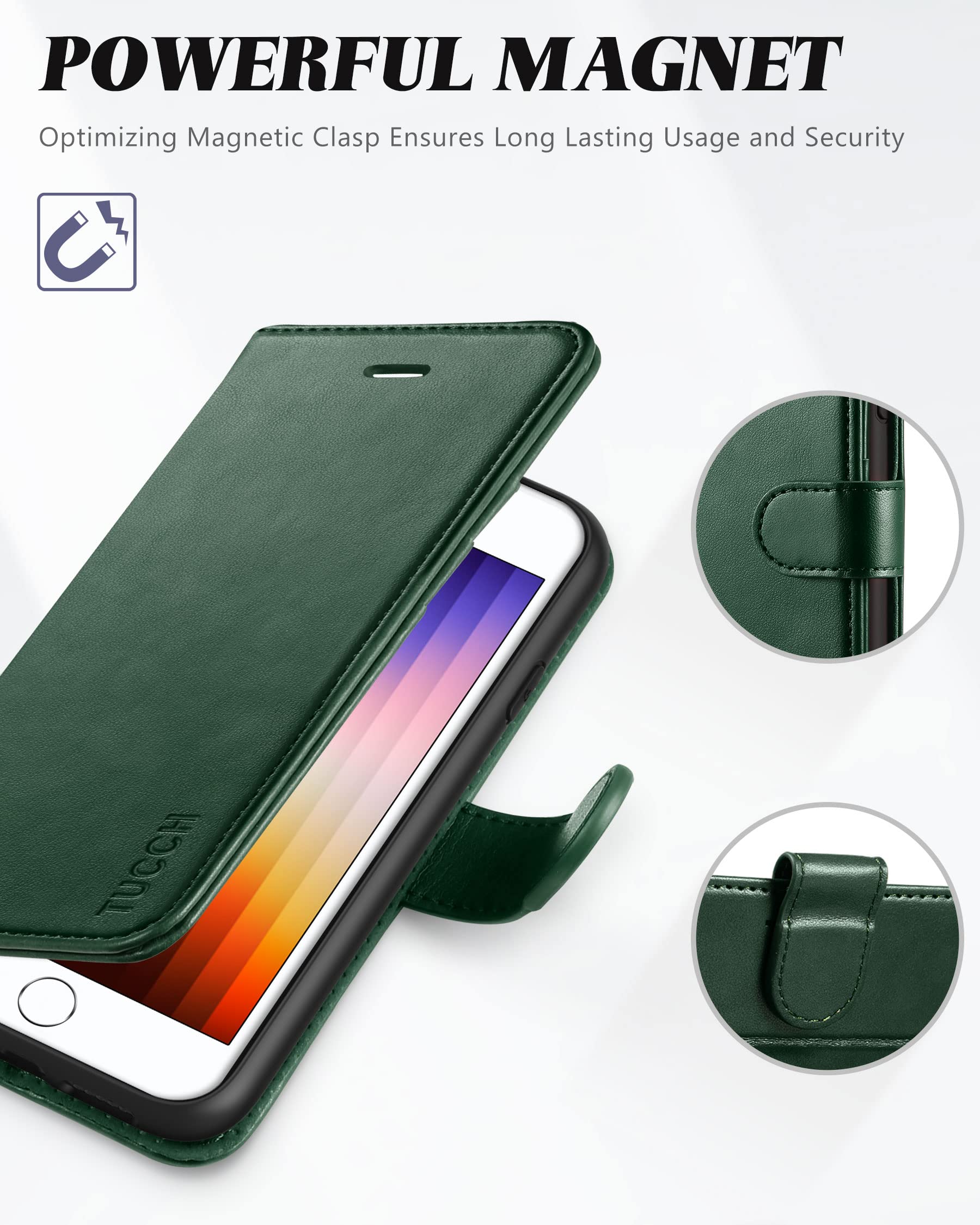 TUCCH Wallet Case for iPhone SE 2022/SE 2020/iPhone 8/7, PU Leather Folio Case with Stand Card Slot Magnetic Closure Flip Cover [TPU Interior Case] Compatible with iPhone SE 3/SE2/8/7, Midnight Green