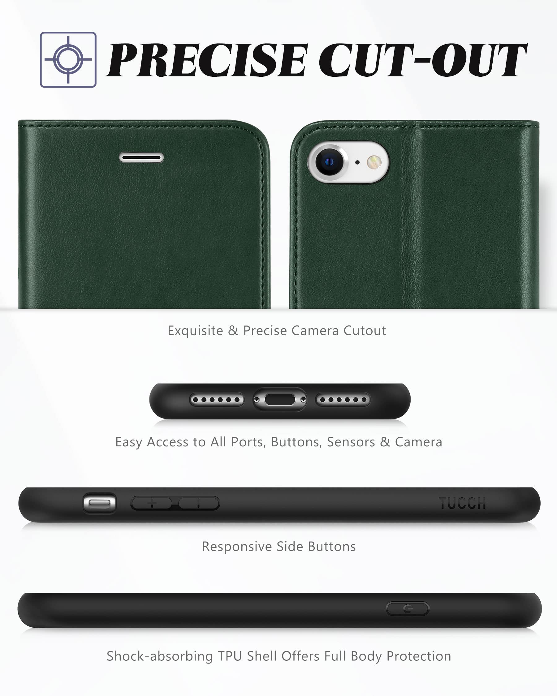 TUCCH Wallet Case for iPhone SE 2022/SE 2020/iPhone 8/7, PU Leather Folio Case with Stand Card Slot Magnetic Closure Flip Cover [TPU Interior Case] Compatible with iPhone SE 3/SE2/8/7, Midnight Green