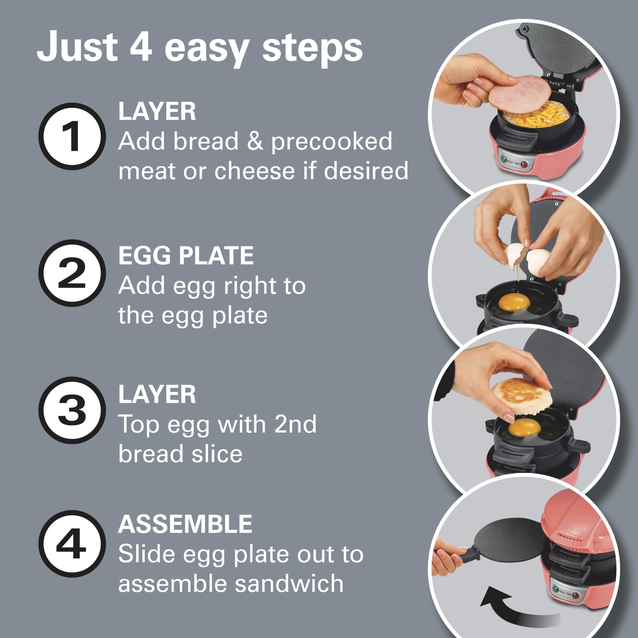Hamilton Beach Breakfast Sandwich Maker with Egg Cooker Ring, Customize Ingredients, Perfect for English Muffins, Croissants, Mini Waffles, Perfect White Elephant Gifts, Coral (25483)
