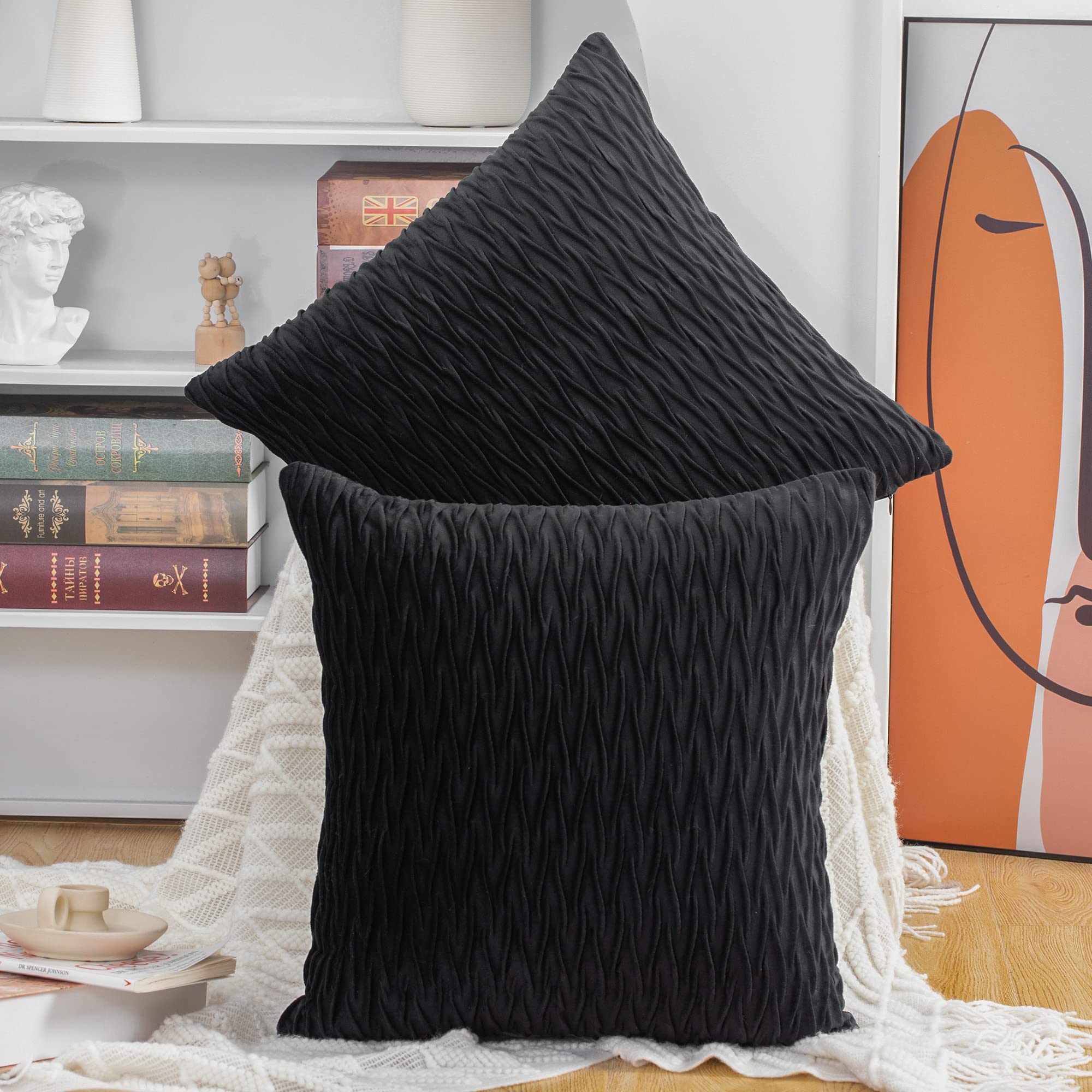 MADIZZ Set of 2 Super Soft Velvet Decorative Throw Pillow Covers 18x18 inch Black Square with Texture Luxury Style Cushion Case Pillow Shell for Sofa Bedroom