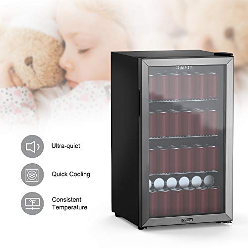 Galanz Beverage Refrigerator Cooler - 130 Can Mini Fridge with Reversible Glass Door & Adjustable Shelves for Soda Beer or Wine - Small Refrigerator for home office or Bar Stainless steel GLB36MS2F07