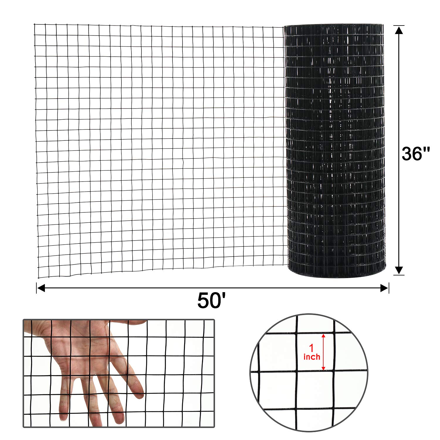 36'' x 50' 1inch Hardware Cloth 16 Gauge Black Vinyl Coated Welded Fence Mesh for Home and Garden Fence and Home Improvement Project (36'' x 50')