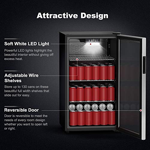 Galanz Beverage Refrigerator Cooler - 130 Can Mini Fridge with Reversible Glass Door & Adjustable Shelves for Soda Beer or Wine - Small Refrigerator for home office or Bar Stainless steel GLB36MS2F07
