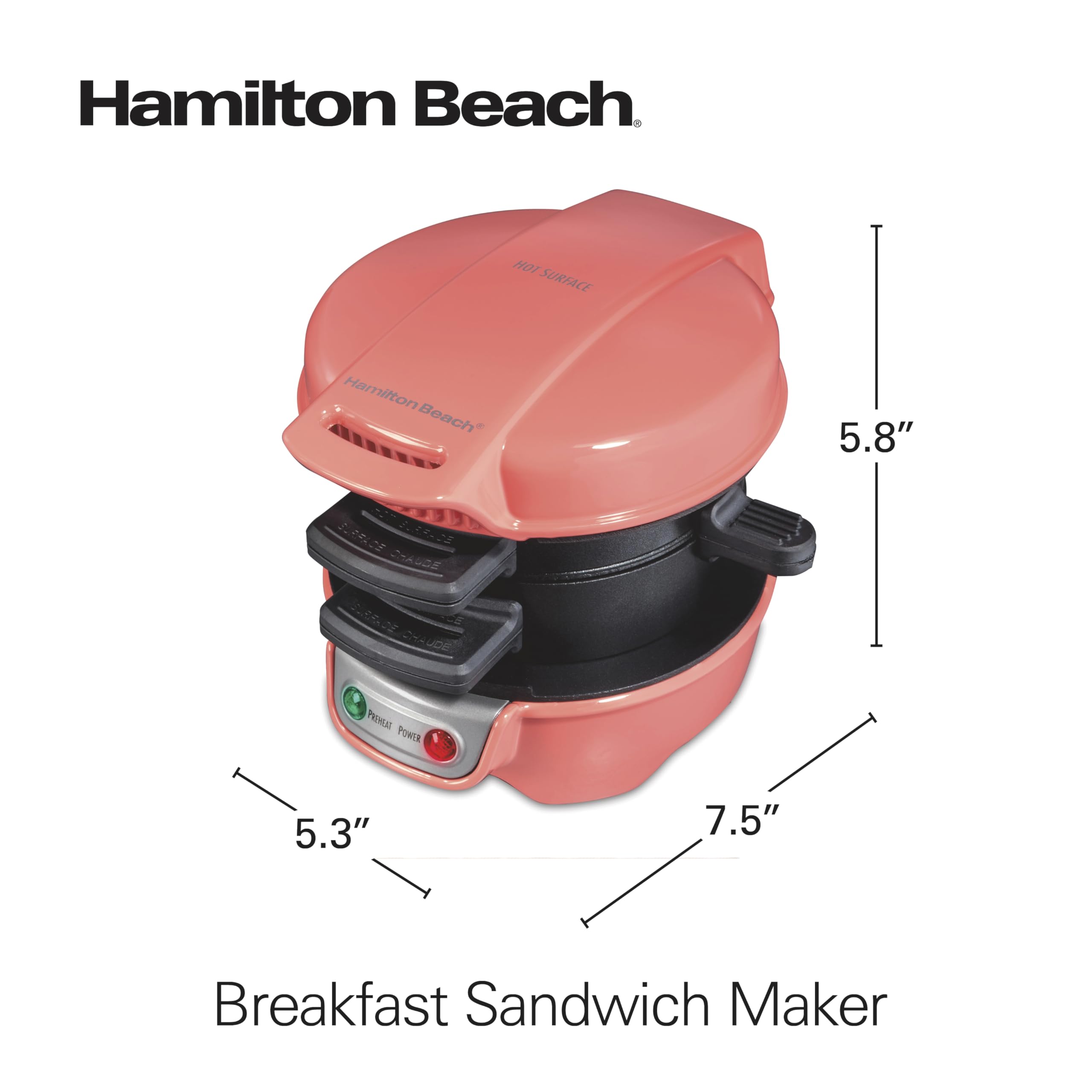 Hamilton Beach Breakfast Sandwich Maker with Egg Cooker Ring, Customize Ingredients, Perfect for English Muffins, Croissants, Mini Waffles, Perfect White Elephant Gifts, Coral (25483)
