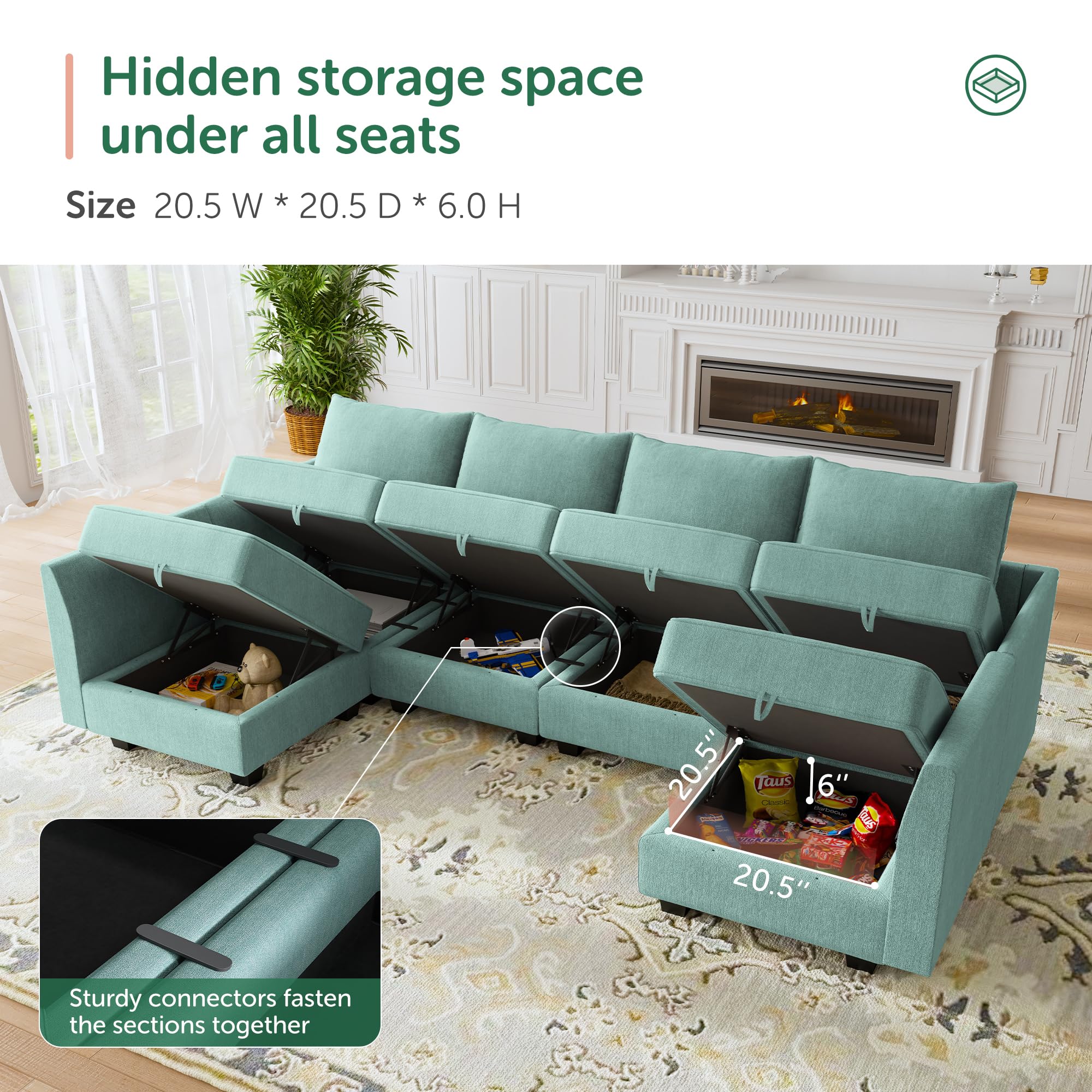 HONBAY Convertible Modular Sectional Sofa U Shaped Modular Couch with Storage Seat Modular Sofa Sectional Couch with Chaise, Aqua Blue