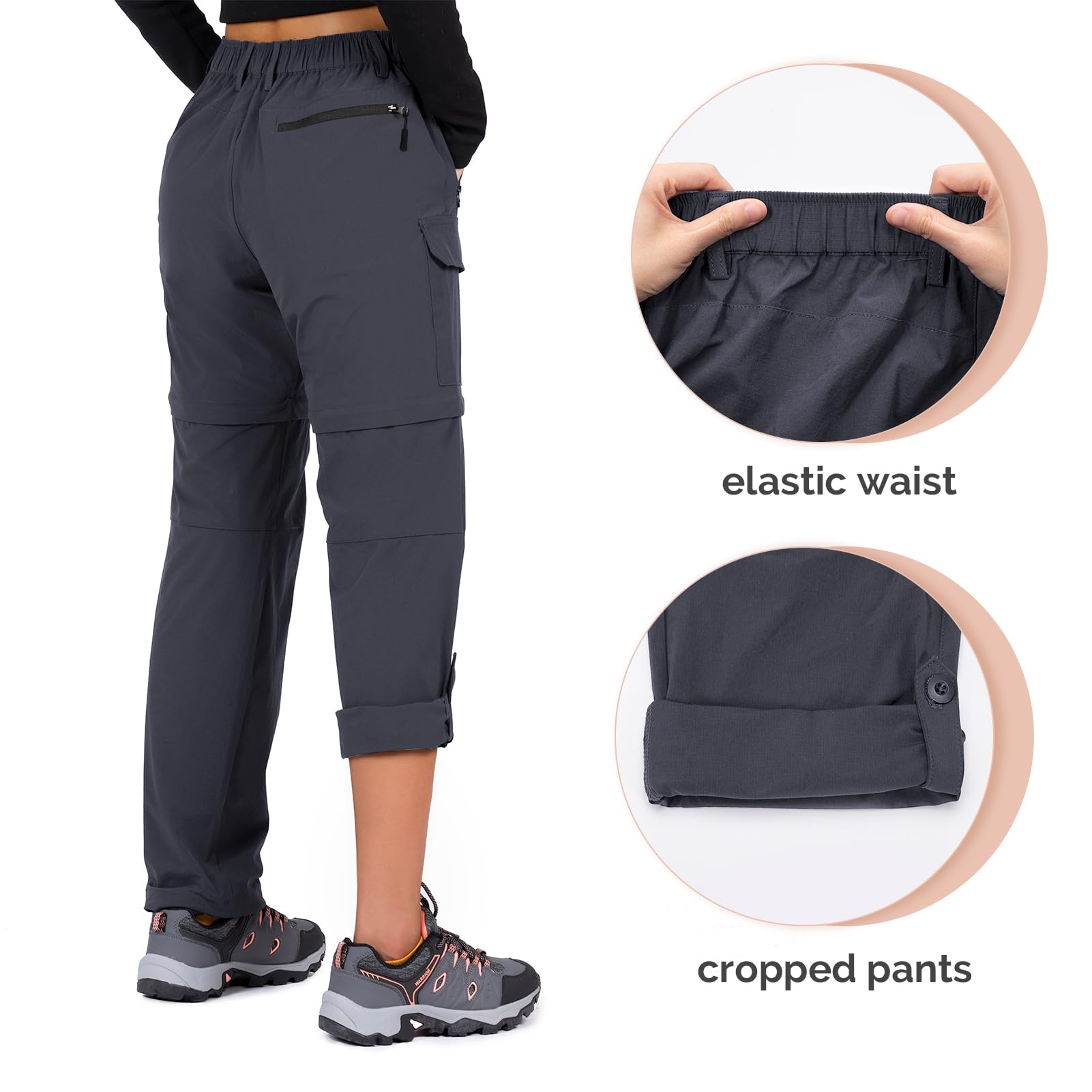 Cycorld Women's-Hiking-Pants-Convertible Quick-Dry-Stretch-Lightweight Zip-Off Outdoor Pants with 5 Deep Pockets (Grey, Medium)