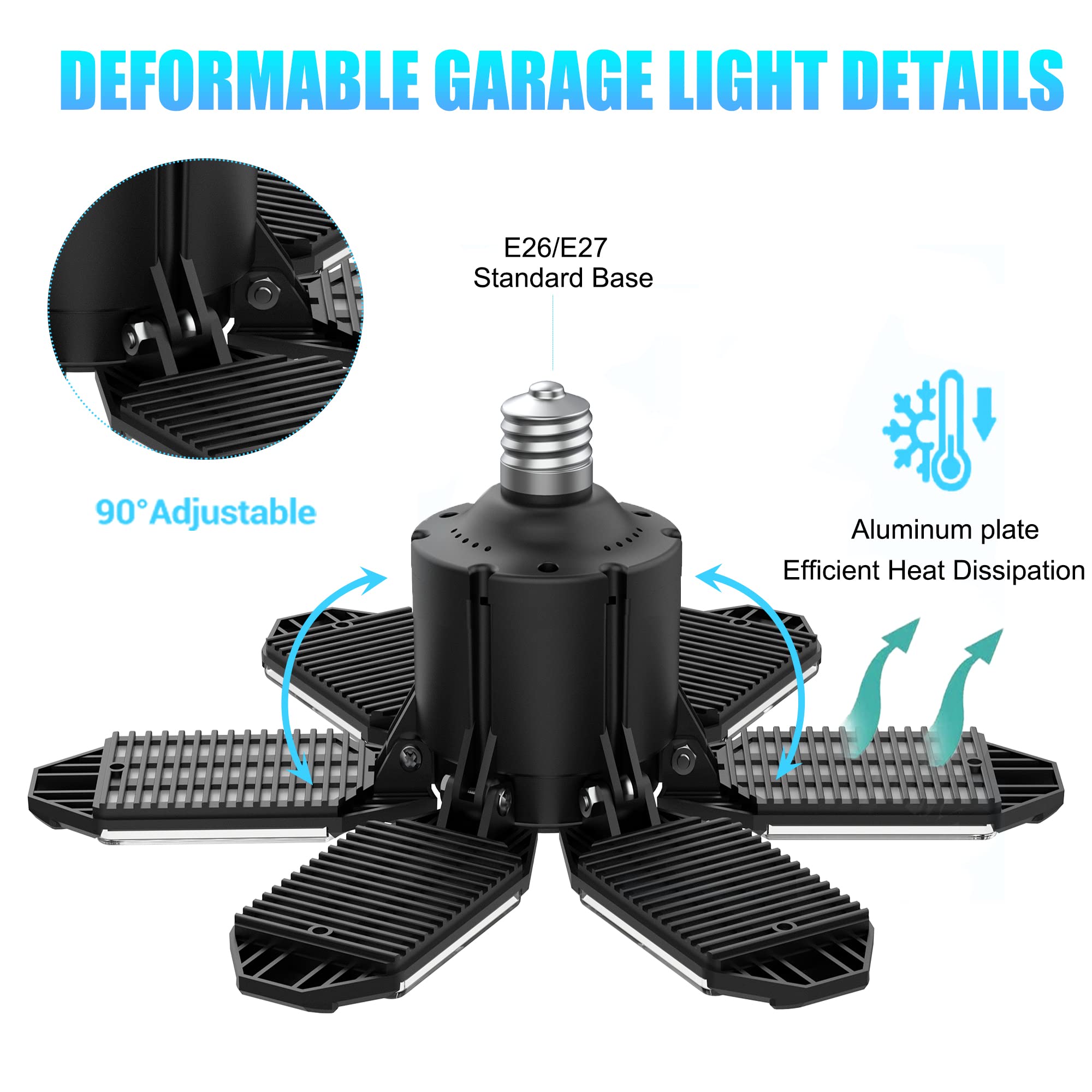 AYSEMO Garage Light Bulb 100W 10000LM Light Bulbs LED with 5 Adjustable Panels, E26/E27 Garage Led Lights Screw in 6000k Daylight Garage Lights Ceiling LED for Barn Attic Warehouse-2 Pack