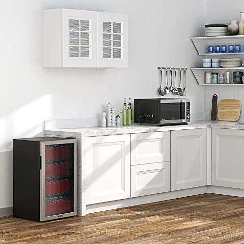 Galanz Beverage Refrigerator Cooler - 130 Can Mini Fridge with Reversible Glass Door & Adjustable Shelves for Soda Beer or Wine - Small Refrigerator for home office or Bar Stainless steel GLB36MS2F07