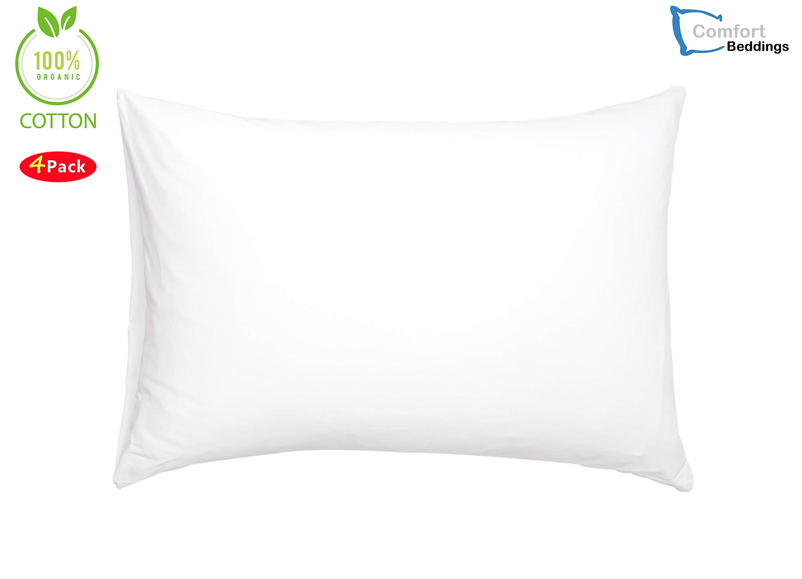 Comfort Beddings Queen Pillow Cases Set of 4 White 100% Organic Cotton 600 Thread Count Premium White Cotton Pillowcases, Queen Pillowcase Pillow Covers, 20 x 30 inch