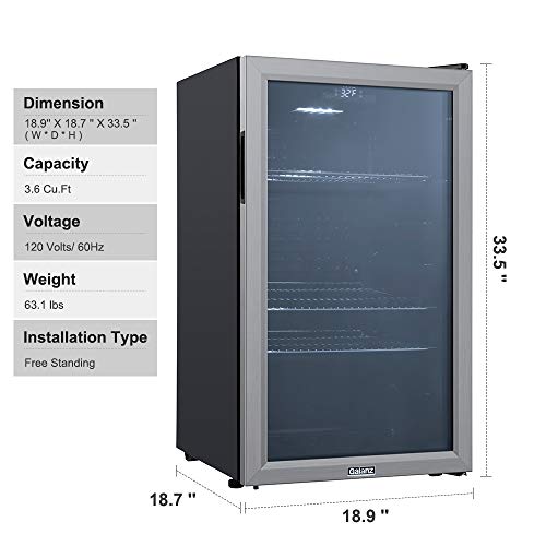 Galanz Beverage Refrigerator Cooler - 130 Can Mini Fridge with Reversible Glass Door & Adjustable Shelves for Soda Beer or Wine - Small Refrigerator for home office or Bar Stainless steel GLB36MS2F07