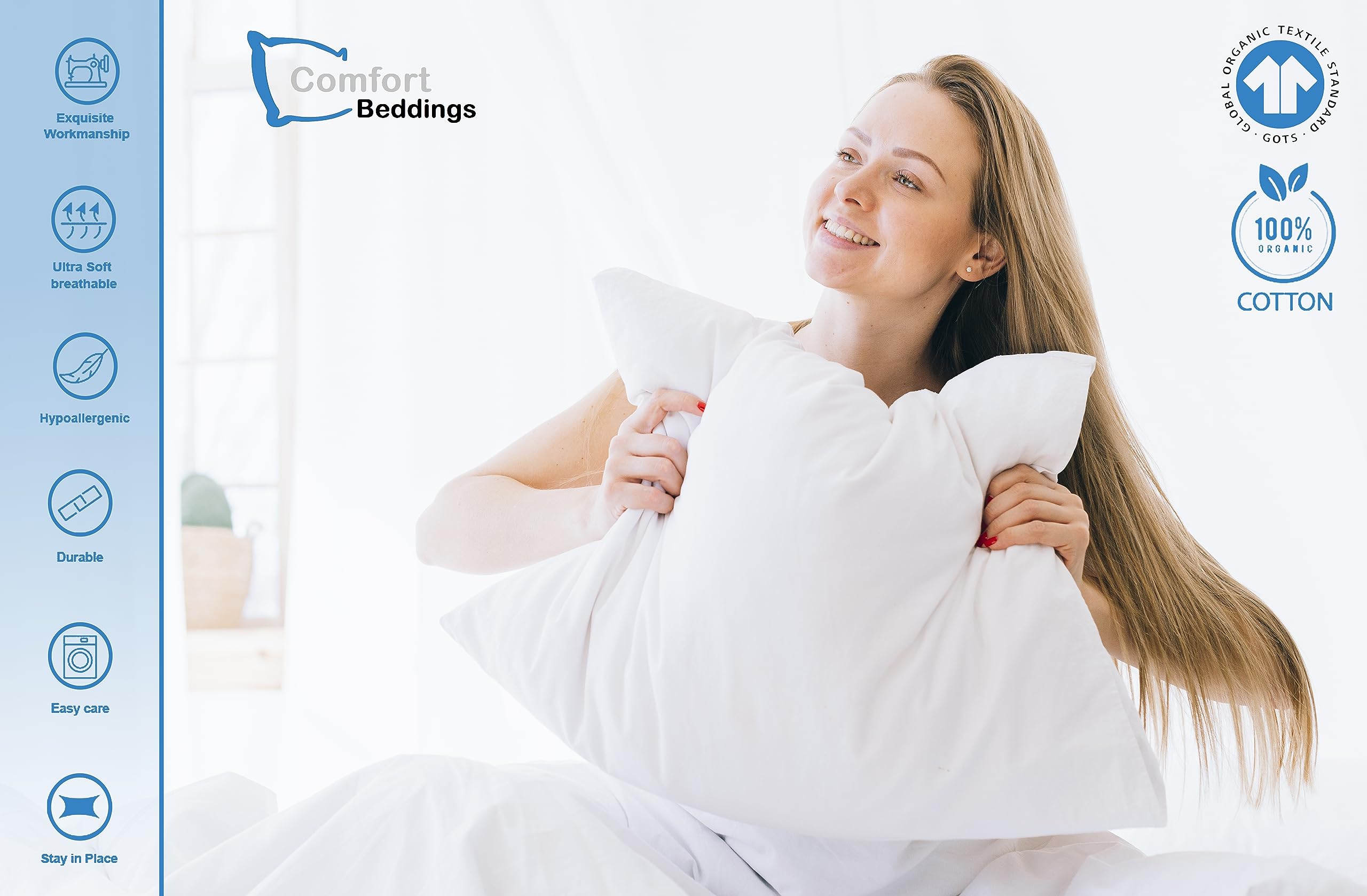 Comfort Beddings Queen Pillow Cases Set of 4 White 100% Organic Cotton 600 Thread Count Premium White Cotton Pillowcases, Queen Pillowcase Pillow Covers, 20 x 30 inch
