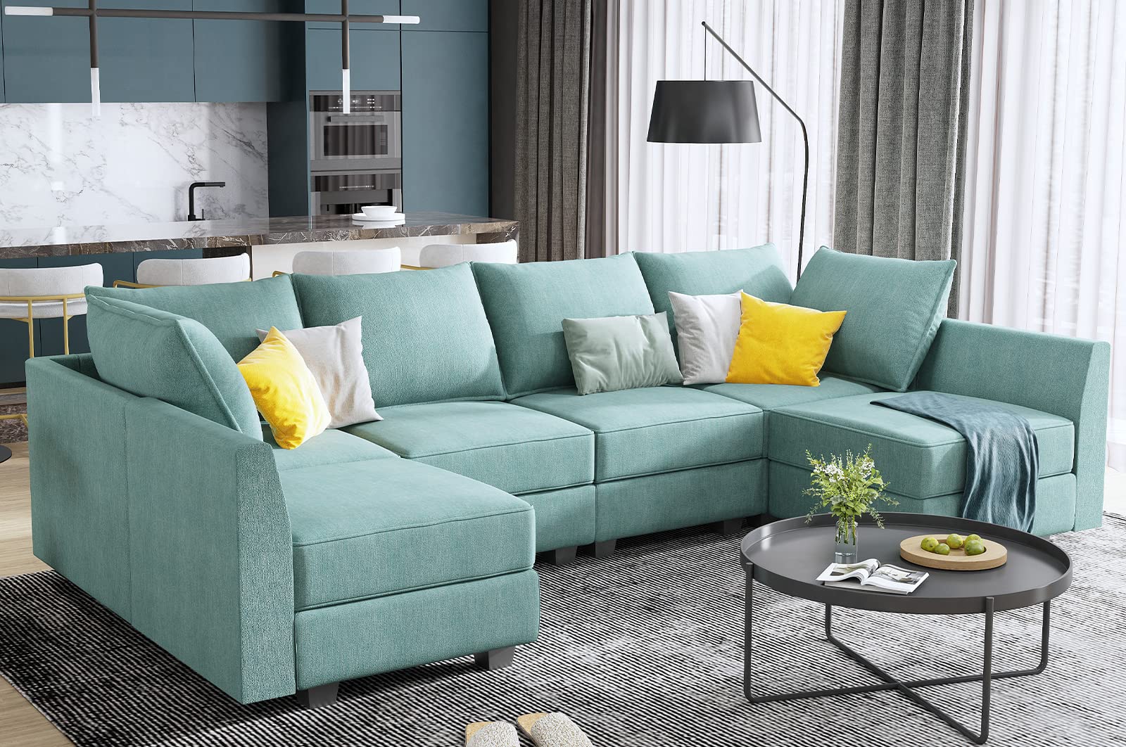 HONBAY Convertible Modular Sectional Sofa U Shaped Modular Couch with Storage Seat Modular Sofa Sectional Couch with Chaise, Aqua Blue