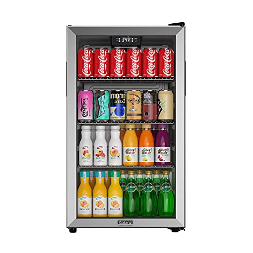 Galanz Beverage Refrigerator Cooler - 130 Can Mini Fridge with Reversible Glass Door & Adjustable Shelves for Soda Beer or Wine - Small Refrigerator for home office or Bar Stainless steel GLB36MS2F07