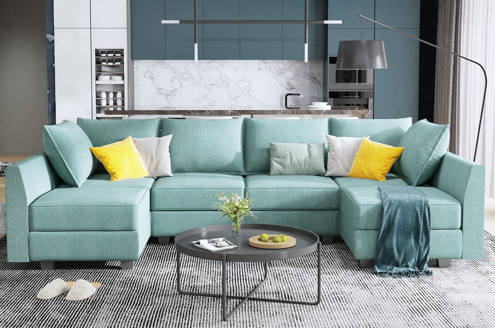 HONBAY Convertible Modular Sectional Sofa U Shaped Modular Couch with Storage Seat Modular Sofa Sectional Couch with Chaise, Aqua Blue