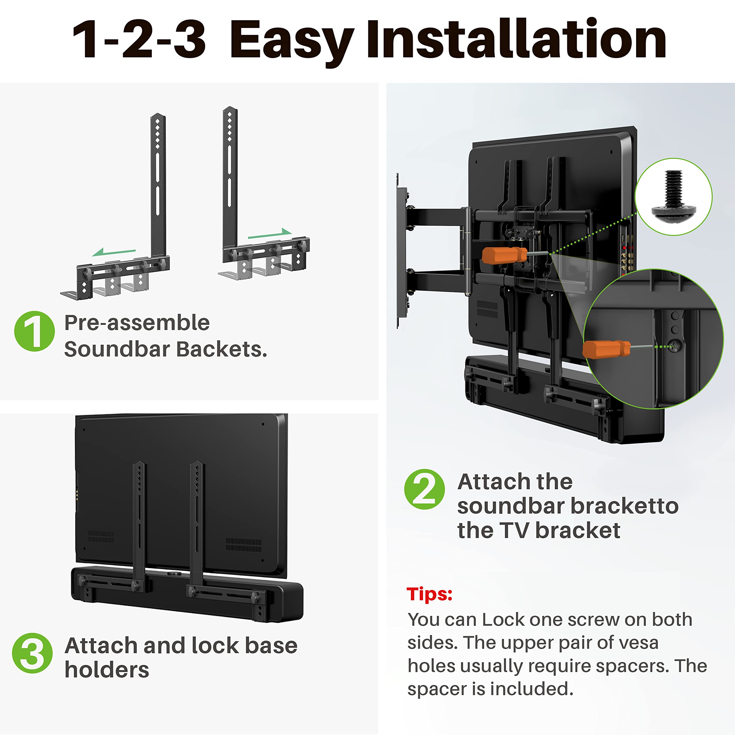 USX MOUNT Soundbar Mount Sound Bar TV Mount for Mounting Above or Under TV, Sound Bar Mount Up to 13.2 lbs, Two Removable and Lockable Hooks for Back or Bottom Holes