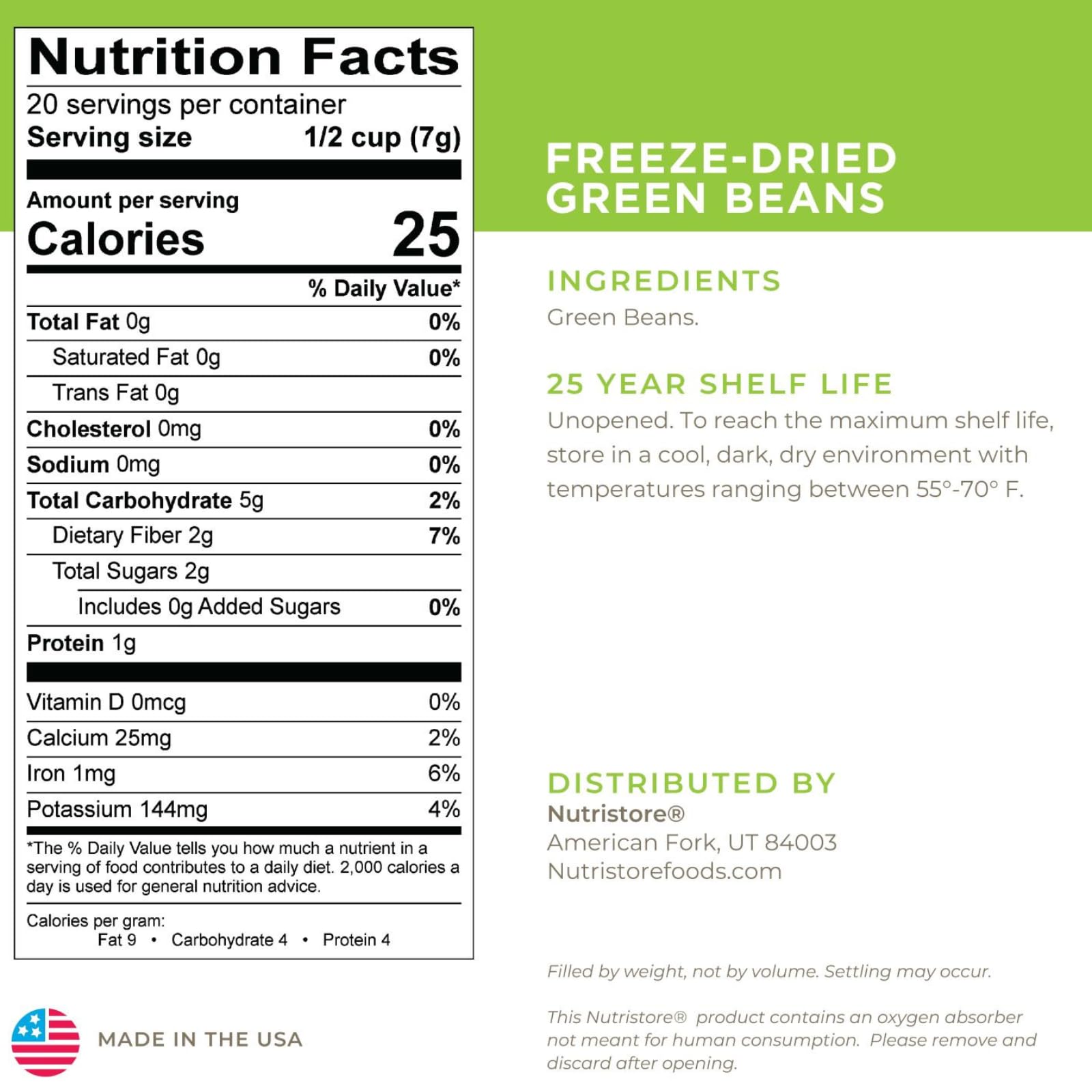 Nutristore Freeze Dried Green Beans | Vegetables for Healthy Snack or Long Term Storage | Emergency Survival Canned Food Supply | Bulk #10 Can Veggies | 25 Year Shelf Life | 20 Servings