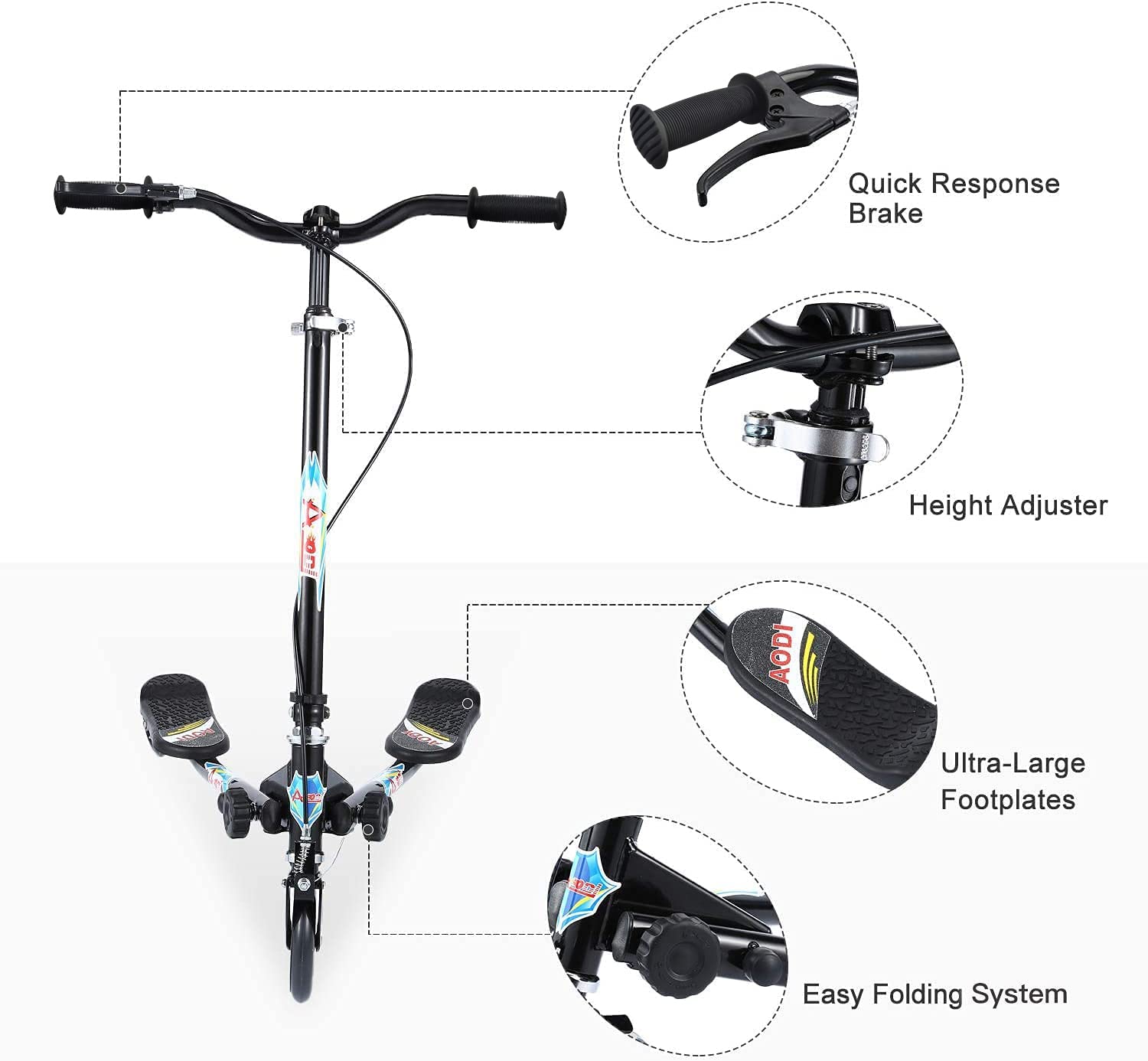 AODI Swing Scooter for Kids, 3 Wheels Foldable Wiggle Scooter Push Drifting with Adjustable & 2 Rear LED Wheels Kicks Scooter for Boys and Girls Ages 3-8