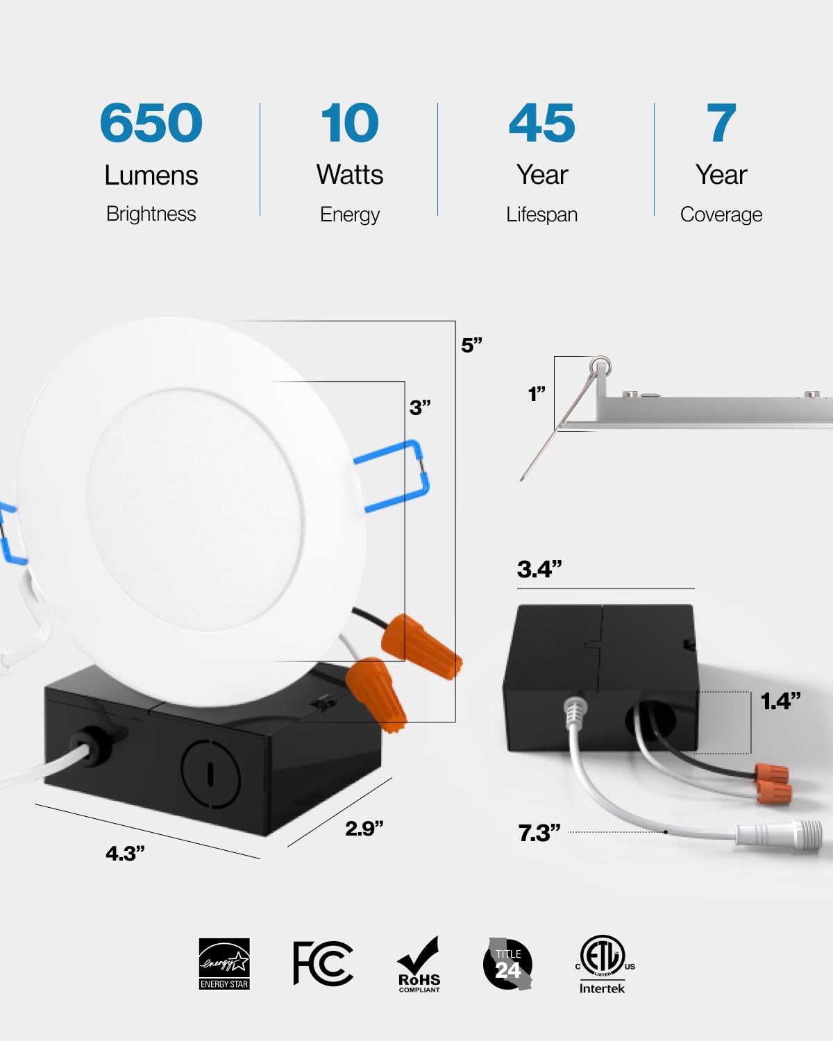 Sunco 2 Pack 4 Inch Ultra Thin LED Recessed Ceiling Lights Slim, 5000K Daylight, Dimmable, 10W, Wafer Thin, Canless with Junction Box - ETL