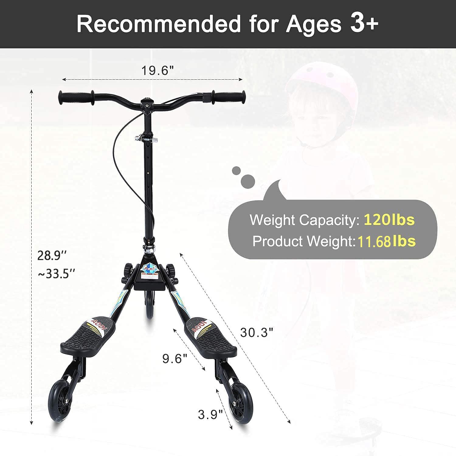 AODI Swing Scooter for Kids, 3 Wheels Foldable Wiggle Scooter Push Drifting with Adjustable & 2 Rear LED Wheels Kicks Scooter for Boys and Girls Ages 3-8