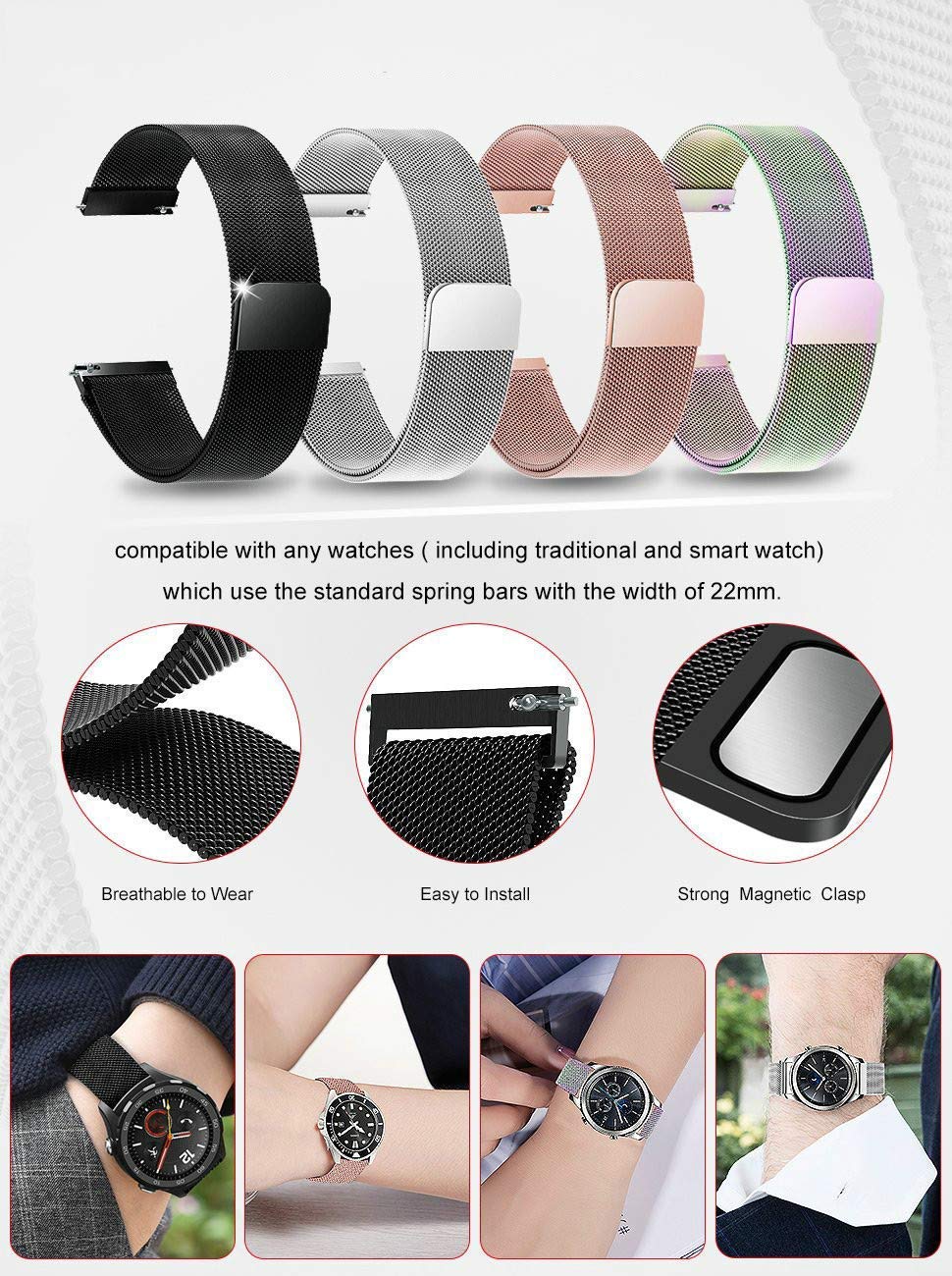 20mm Metal Mesh Magnetic Watch Bands Compatible with Samsung Galaxy 5 Pro 4 Classic Active 2 46mm 45mm 44mm 42mm 40mm Watch, Quick Release Replacement Strap for Samsung Watch 3 41mm Black