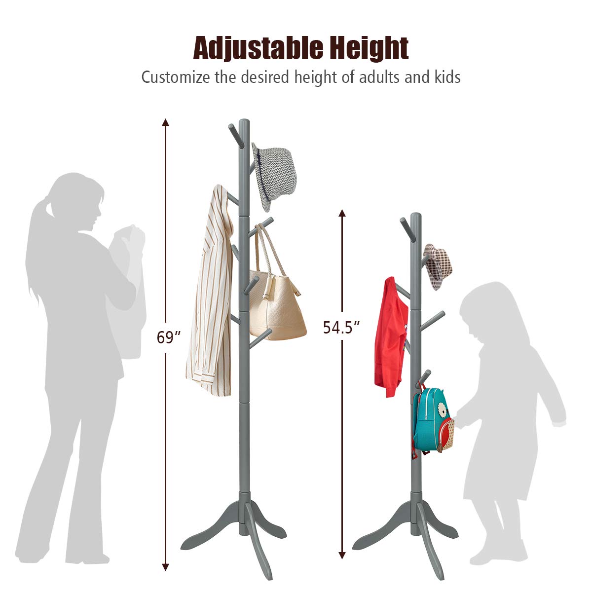Tangkula Wooden Tree Coat Rack Freestanding, Entryway Coat Stand with 8 Hooks, Height Adjustable Coat Tree, Coat Hanger Stand for Home Office Hall Entryway