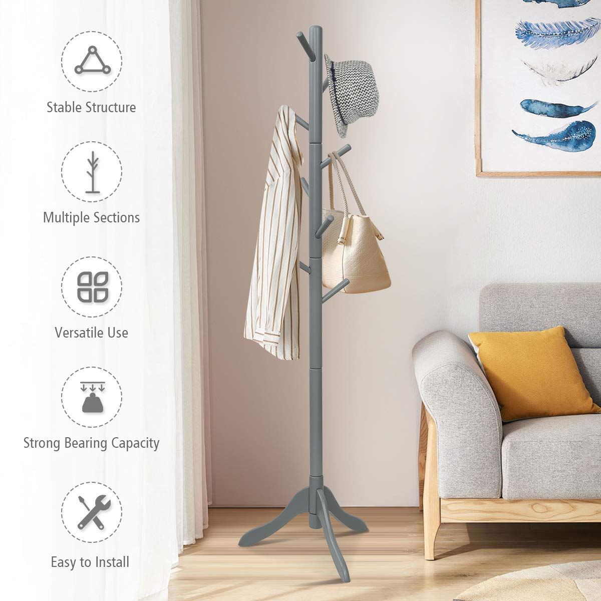 Tangkula Wooden Tree Coat Rack Freestanding, Entryway Coat Stand with 8 Hooks, Height Adjustable Coat Tree, Coat Hanger Stand for Home Office Hall Entryway