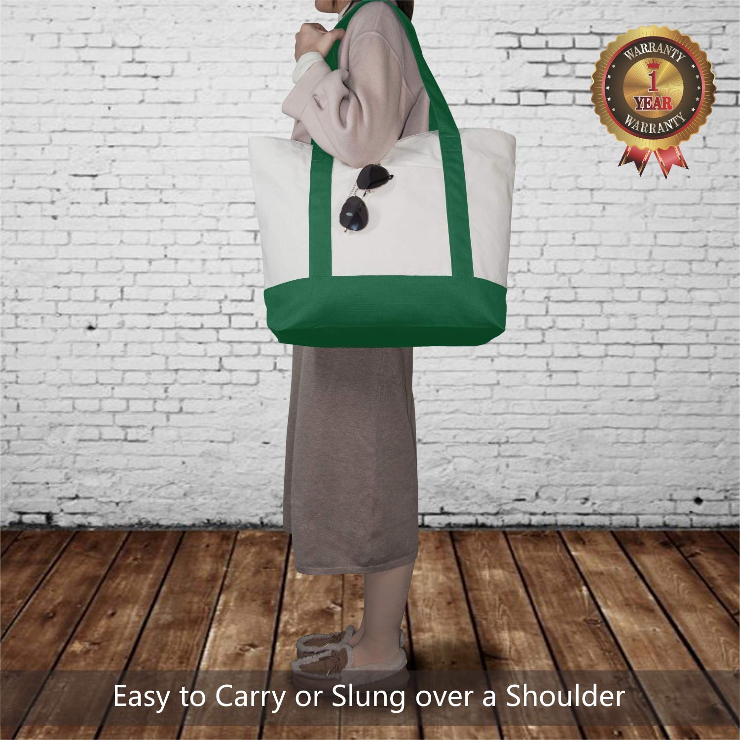 TOPDesign 1-Pack Canvas Tote Bag with an External Pocket, Reusable Grocery Shopping Bag, Top Zipper Closure, Daily Essentials (Green/Natural)