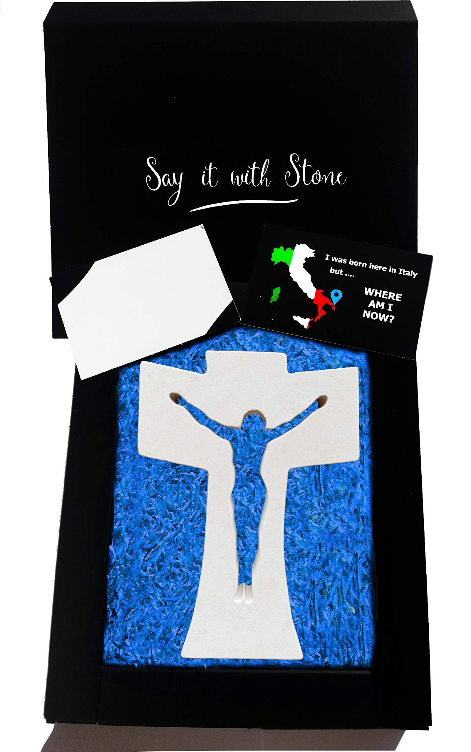 Stone Crucifix Cross Handmade In Italy - Free Standing or Hanging Ornament - Incl Gift Box & Blank Message Card - New Home Religious Christian Catholic Decoration Ornament Memorial