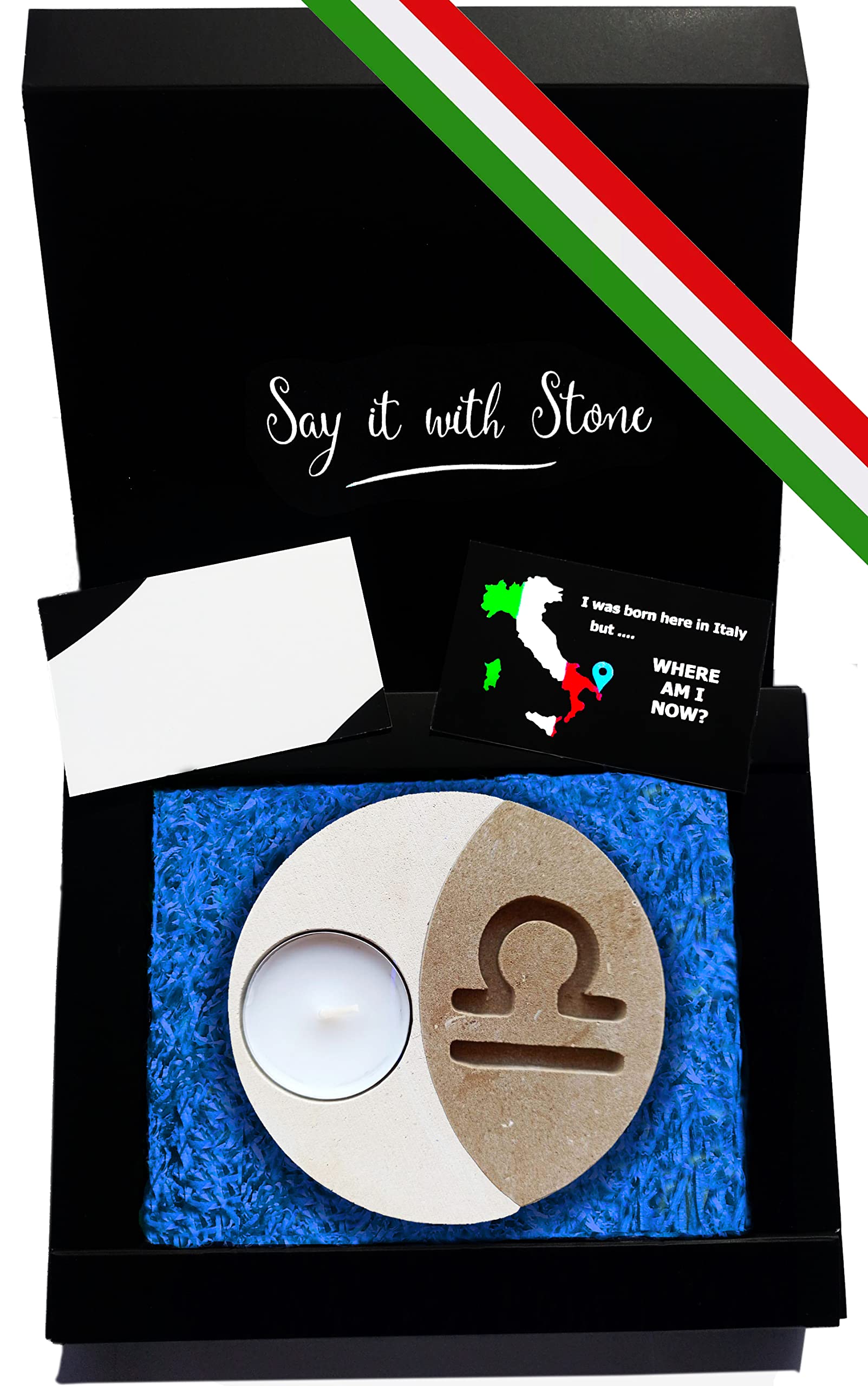 Libra Stone Tealight Candle Holder Handmade in Italy - Gift Box, Candle & Blank Message Card All Incl - Birthday September October - Air Zodiac Astrology Horoscope - Keepsake Ornament Home Decor