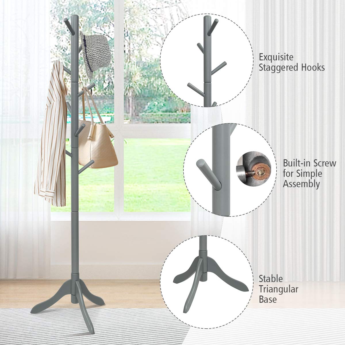 Tangkula Wooden Tree Coat Rack Freestanding, Entryway Coat Stand with 8 Hooks, Height Adjustable Coat Tree, Coat Hanger Stand for Home Office Hall Entryway