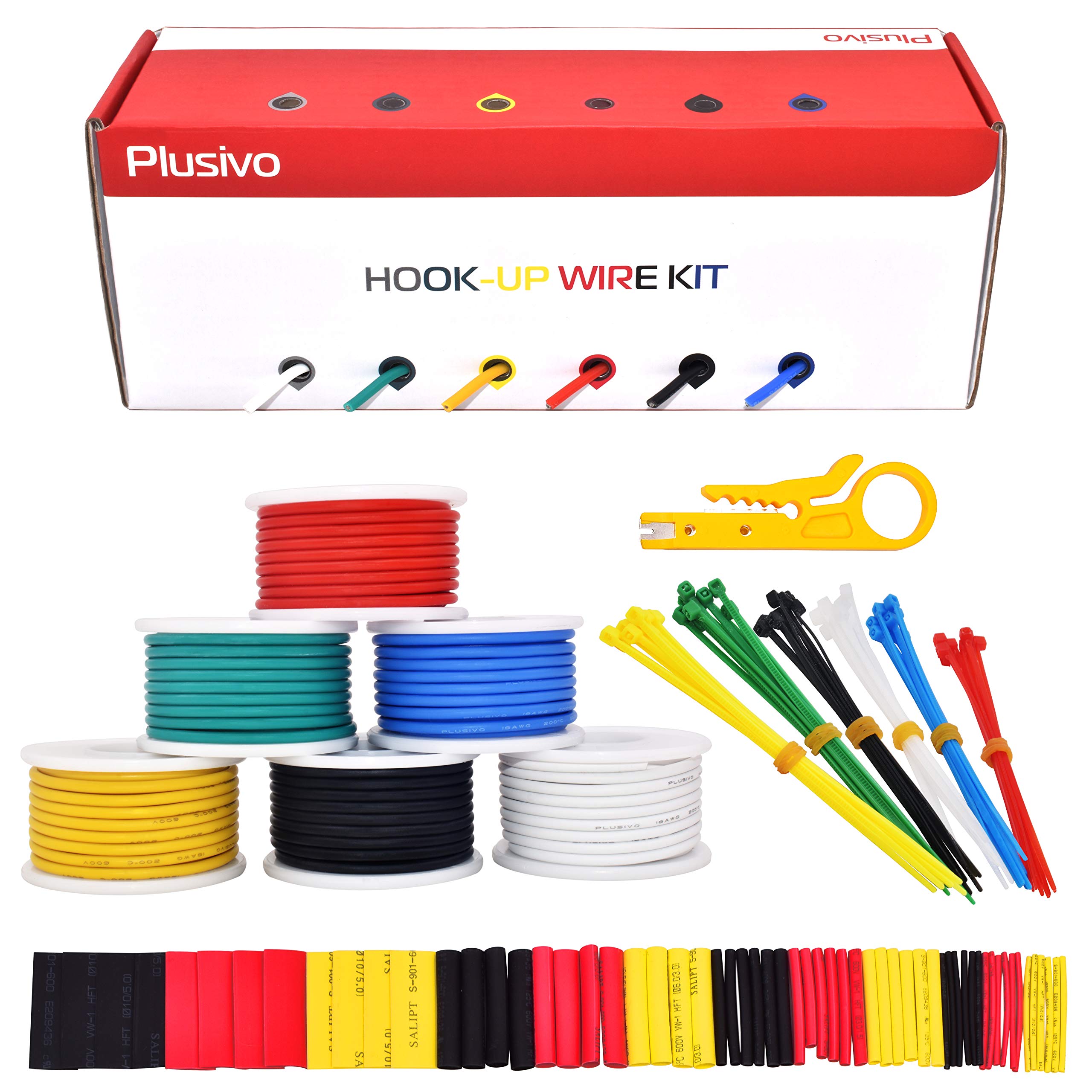 18 AWG Stranded Wire Kit – Silicone Coated Copper Wires 18 Gauge Pre-Tinned 16ft/5m Each Spool, 6 Colors (Black, Red, Yellow, Green, Blue, White), Electrical Jumper Wire Hook Up Wire Kit from Plusivo