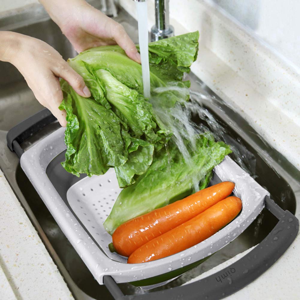 QiMH Collapsible Colander Set of 3-1pc 6 Quart Over the Sink Silicone Strainer - 1pc 4 Quart and 1pc 2 Quart Folding Strainers - Dishwasher Safe(grey&white)