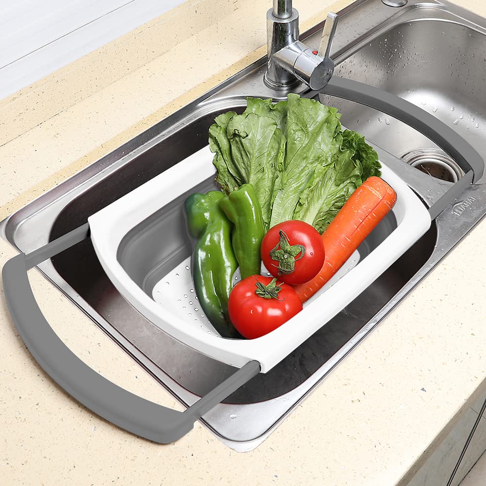 QiMH Collapsible Colander Set of 3-1pc 6 Quart Over the Sink Silicone Strainer - 1pc 4 Quart and 1pc 2 Quart Folding Strainers - Dishwasher Safe(grey&white)