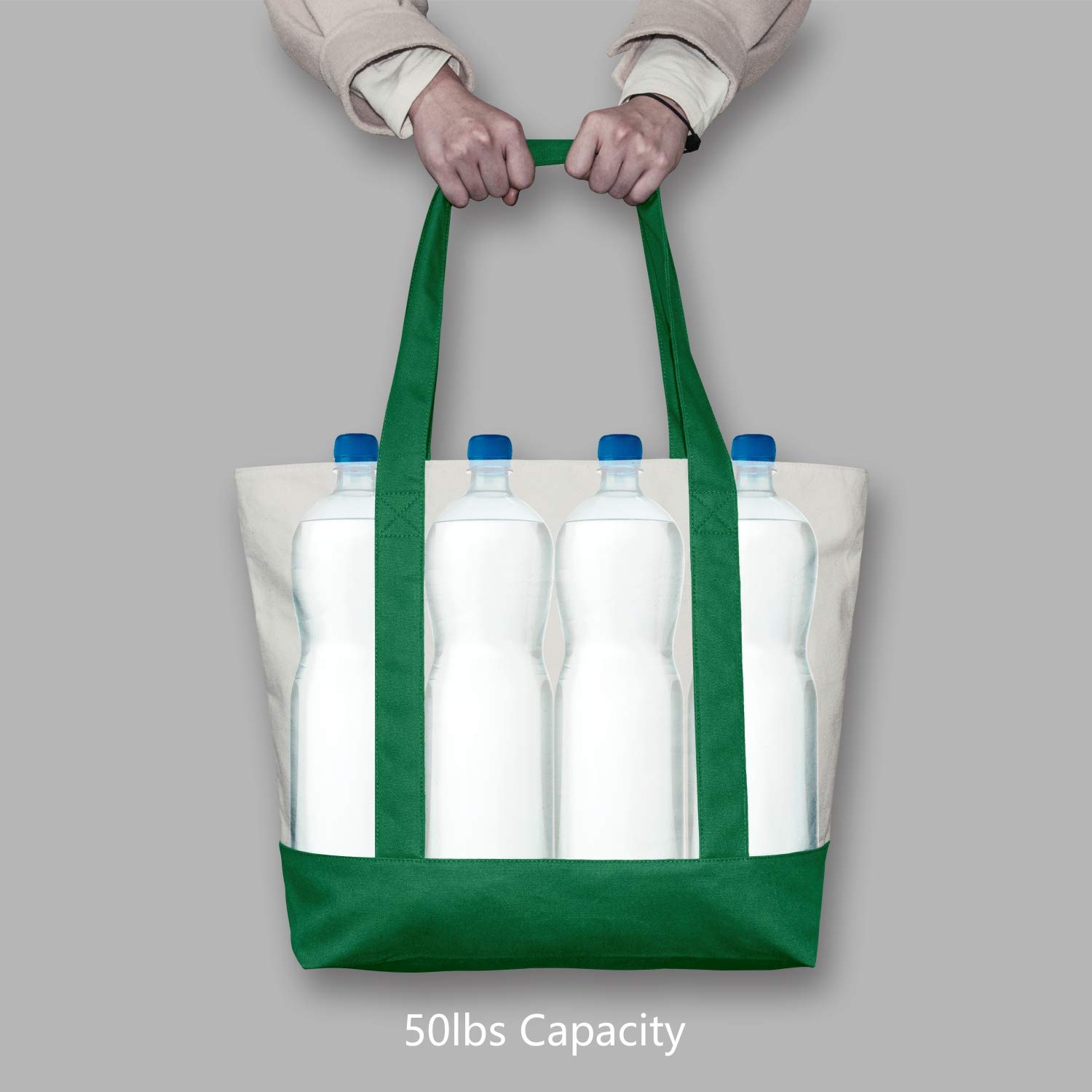 TOPDesign 1-Pack Canvas Tote Bag with an External Pocket, Reusable Grocery Shopping Bag, Top Zipper Closure, Daily Essentials (Green/Natural)