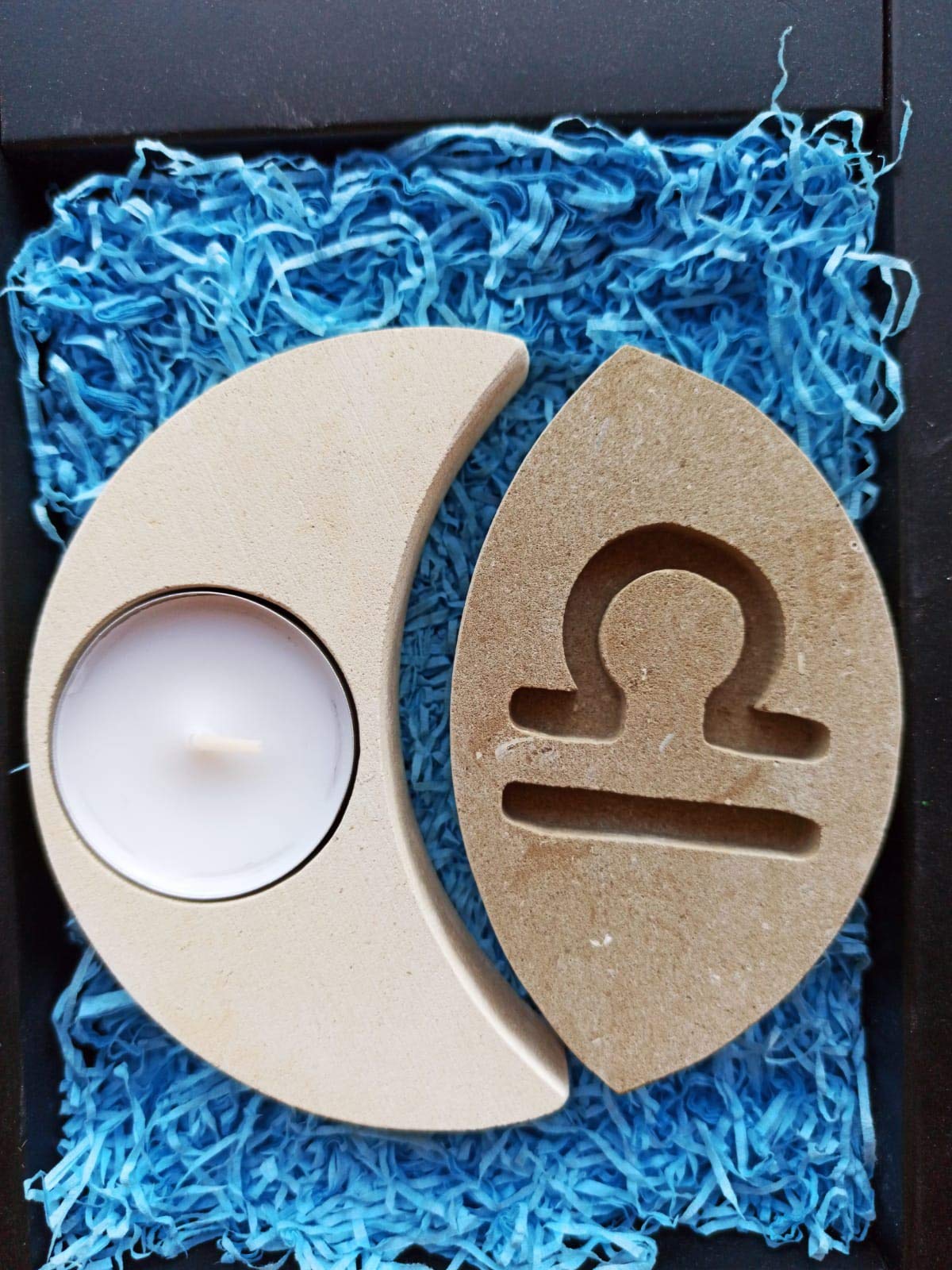 Libra Stone Tealight Candle Holder Handmade in Italy - Gift Box, Candle & Blank Message Card All Incl - Birthday September October - Air Zodiac Astrology Horoscope - Keepsake Ornament Home Decor
