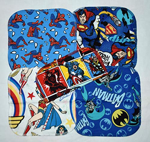 2 Ply Printed Flannel 8x8 Inches Little Wipes Set of 5 Favorite Superhero Characters