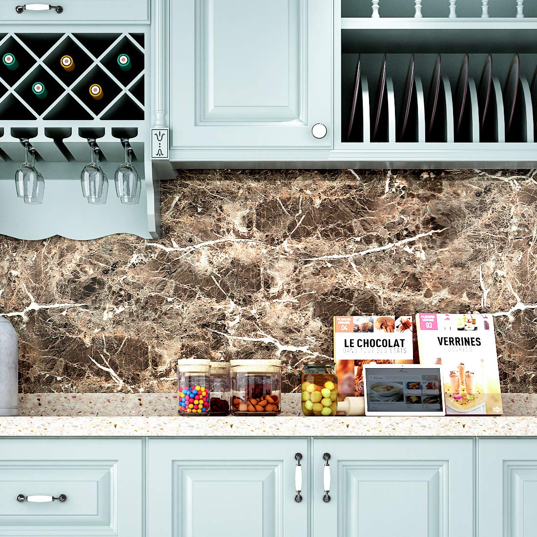 LACHEERY Large Size 36"x160" Light Emperador Marble Countertop Contact Paper Peel and Stick Brown Marble Wallpaper for Kitchen Bathroom Cabinets Marble Contact Paper for Table Desk Worktop Covers
