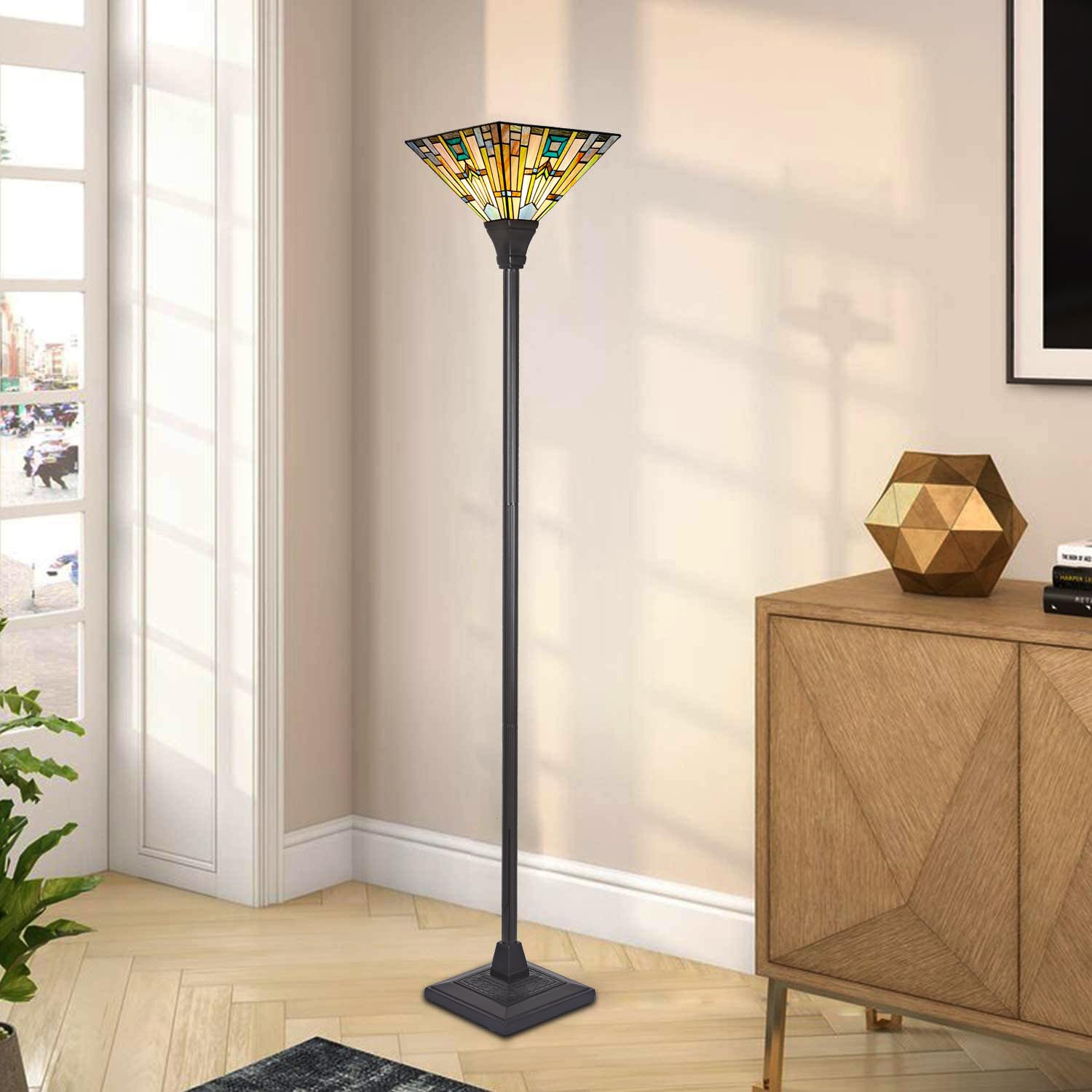COTOSS Tiffany Torchiere Floor Lamp,70" Tall Stained Glass Floor Light,Antique Style Mission Standing Corner Lamp for Living Room Bedroom and Home Office