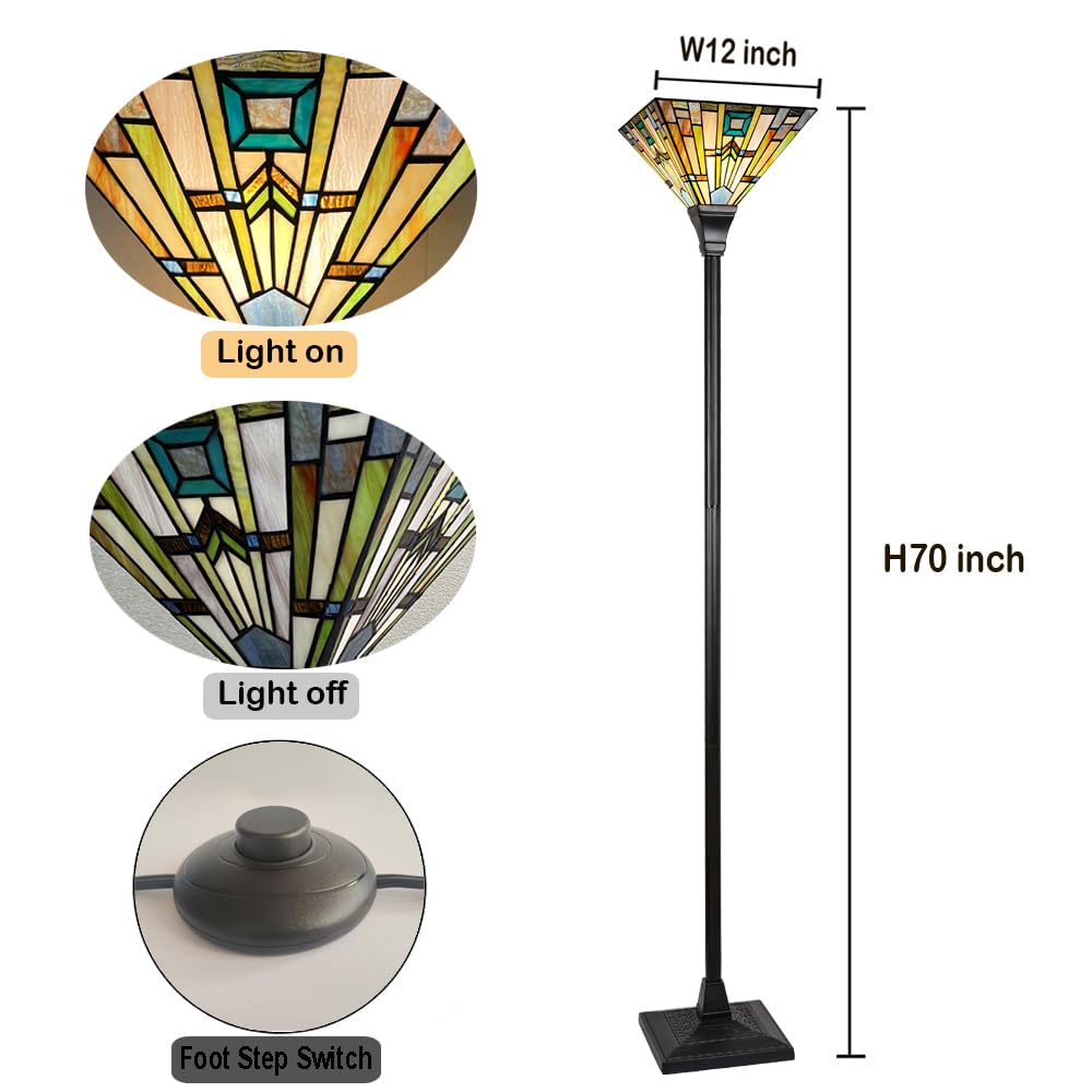 COTOSS Tiffany Torchiere Floor Lamp,70" Tall Stained Glass Floor Light,Antique Style Mission Standing Corner Lamp for Living Room Bedroom and Home Office