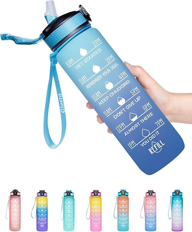 Giotto 32oz Large Leakproof BPA Free Drinking Water Bottle with Time Marker & Straw to Ensure You Drink Enough Water Throughout The Day for Fitness and Outdoor Enthusiasts-Ombre Orange Green
