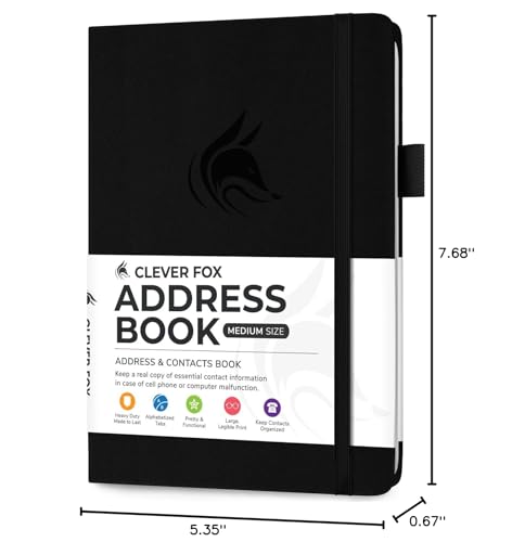 Clever Fox Address Book with alphabetic tabs - PU Leather Telephone and Address Book for Keeping Contacts Safe, Contact Organizer Journal, Medium Size (5.3″ x 7.7″) Hardcover, Black